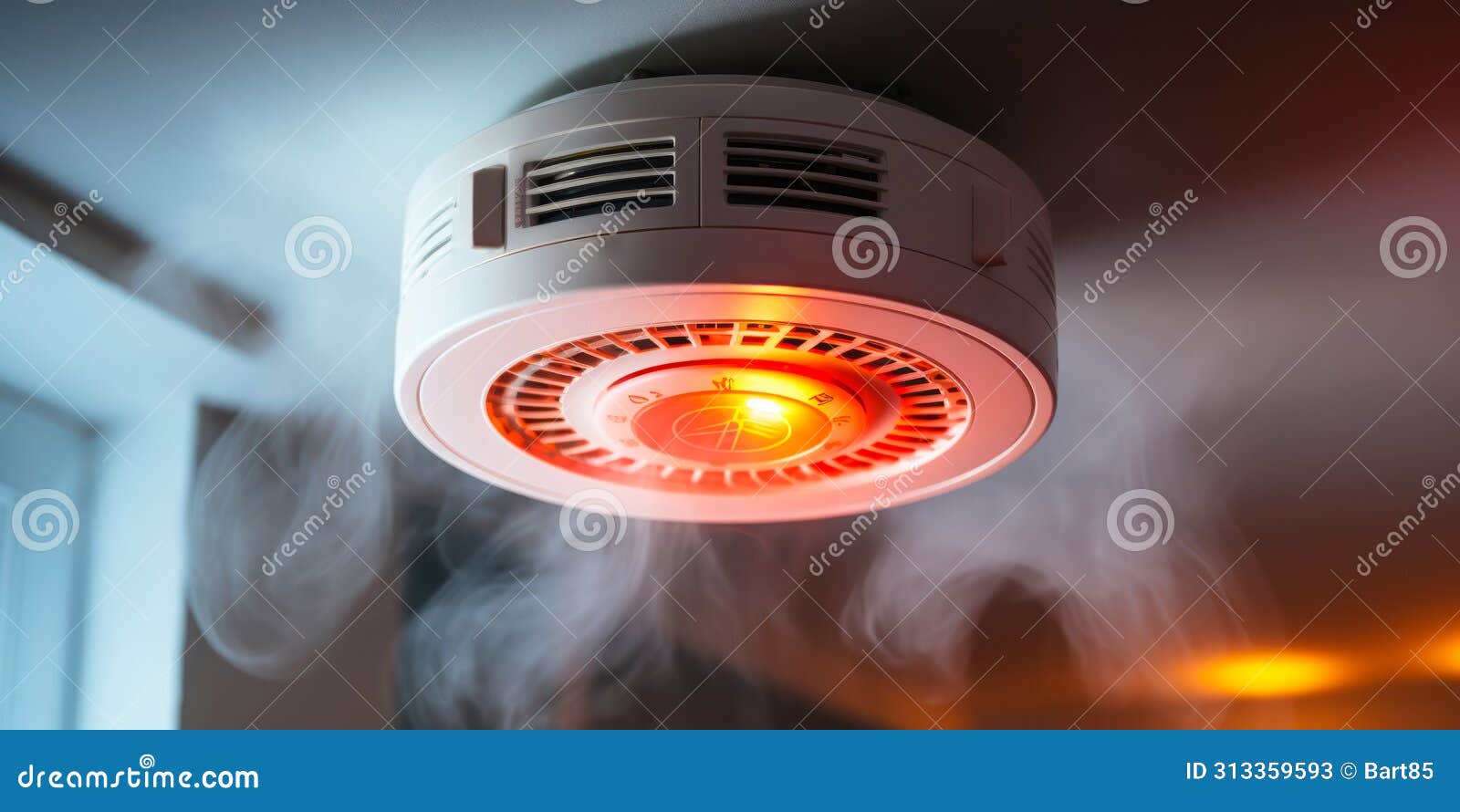 Active Smoke Detector On Ceiling With Red Warning Light In Hazy Room ...