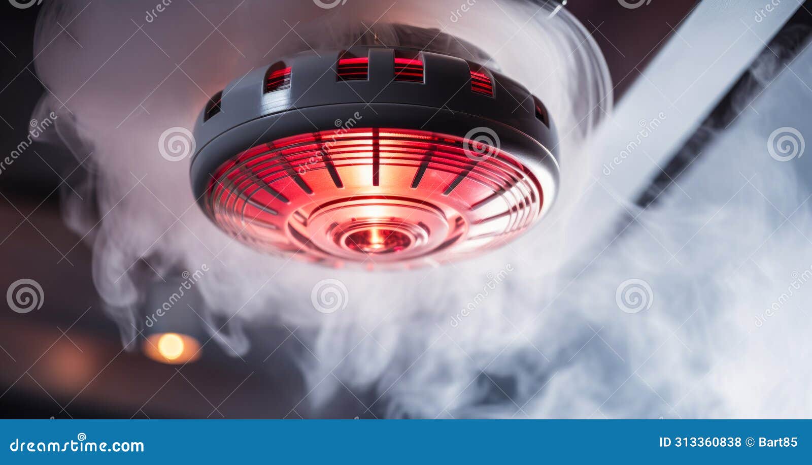 Active Smoke Detector On Ceiling With Red Warning Light In Hazy Room ...