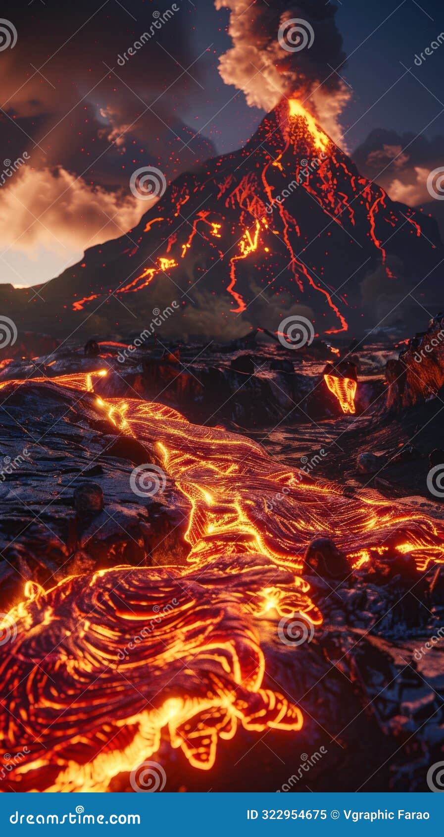 Active Volcanic Eruption with Flowing Lava at Sunset Stock Image ...