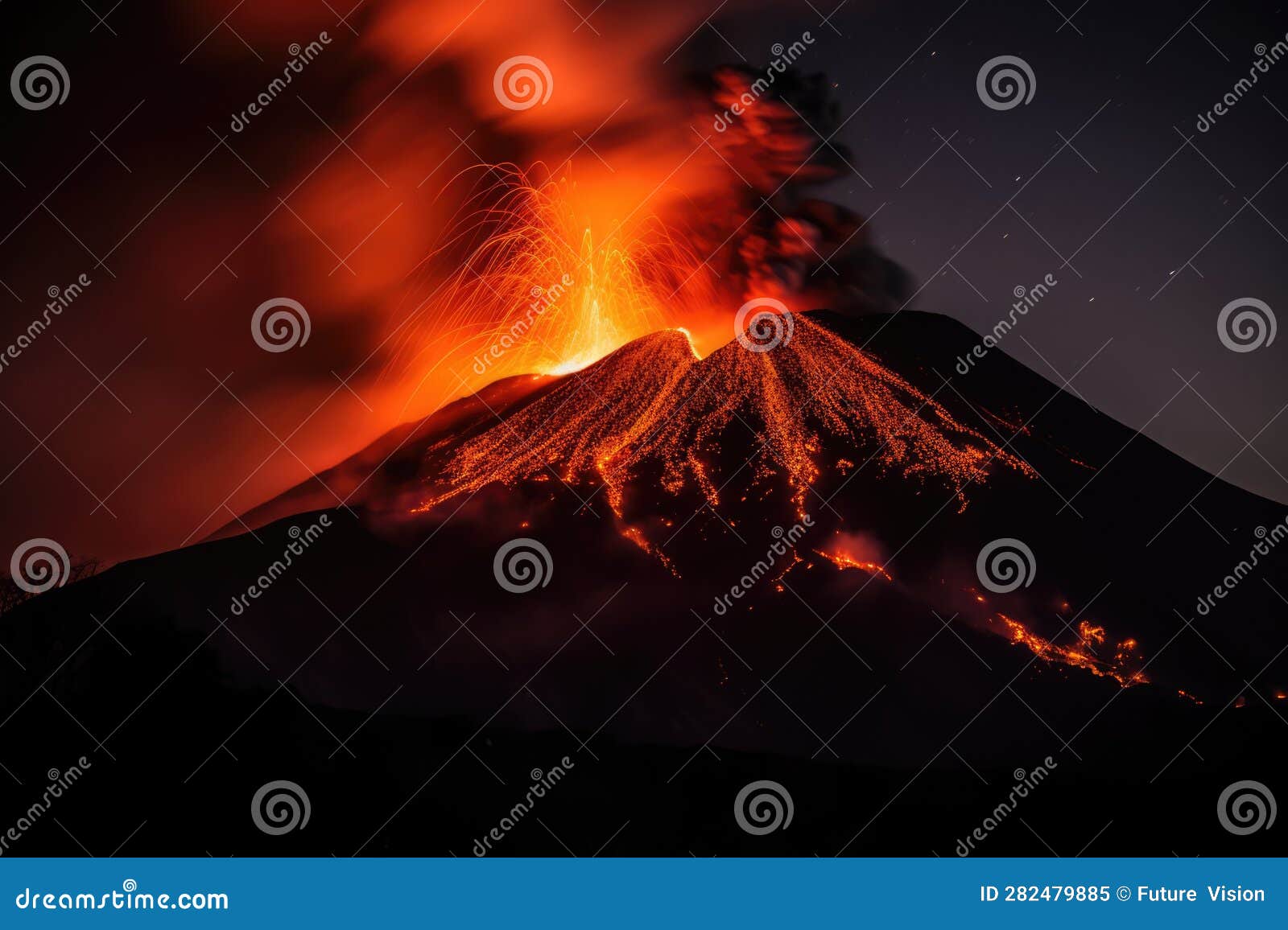 Active Volcano Erupting with Smoke and Lava at Night, Created Using ...