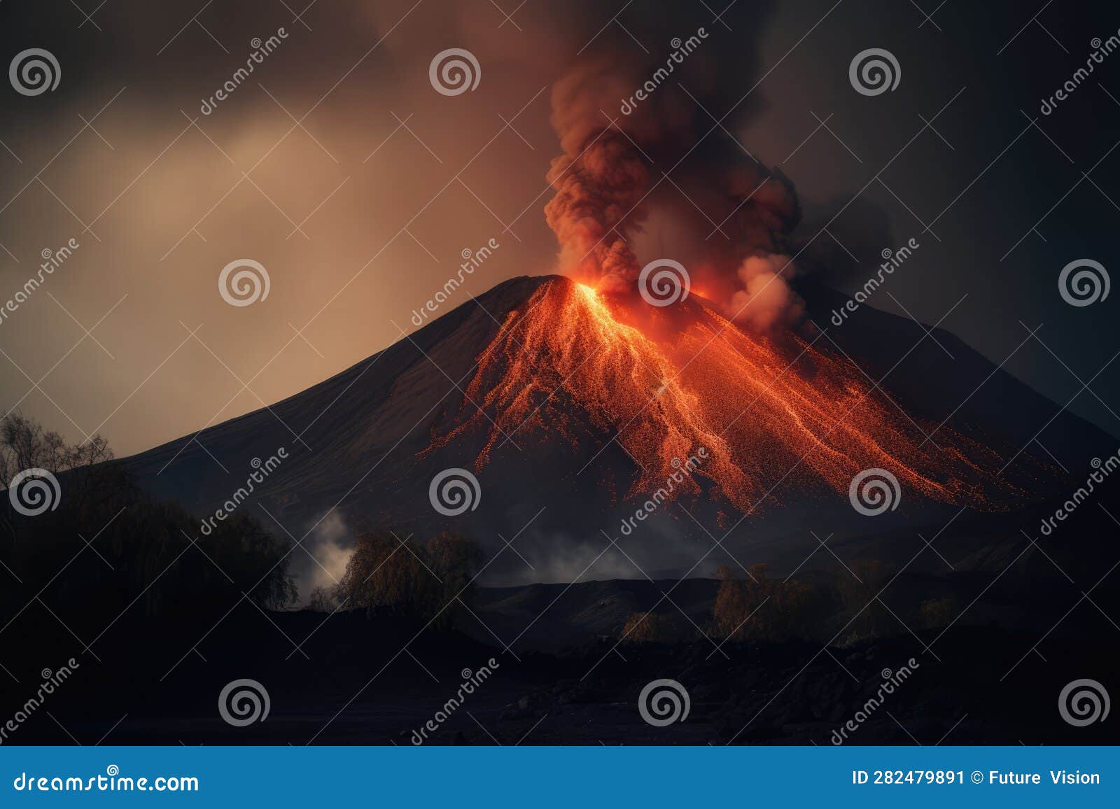 Active Volcano Erupting with Smoke and Lava at Night, Created Using ...
