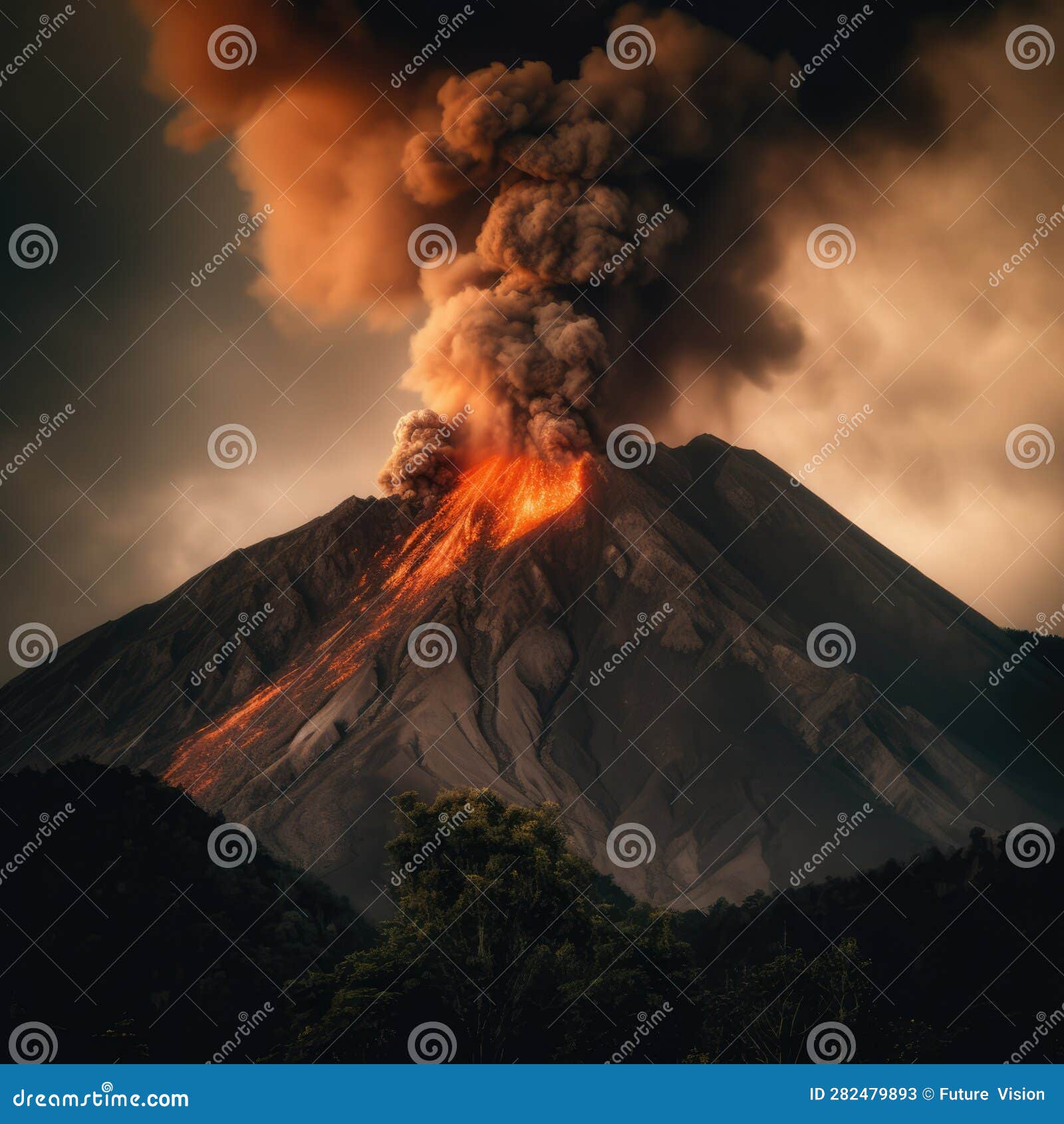 Active Volcano Erupting with Smoke and Lava at Night, Created Using ...