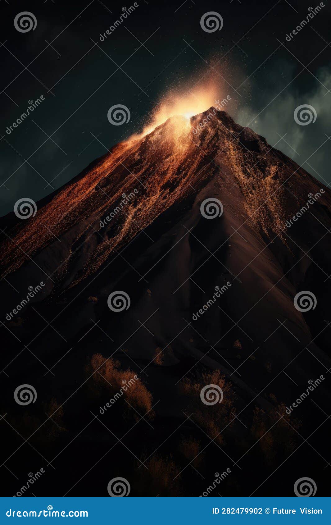Active Volcano Erupting with Smoke and Lava at Night, Created Using ...
