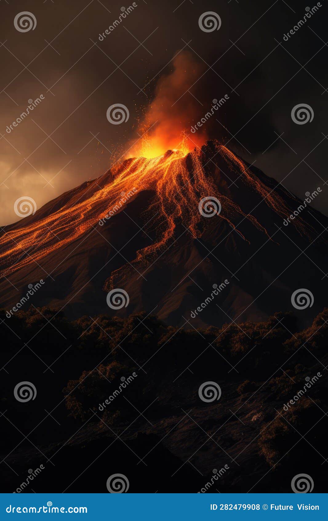 Active Volcano Erupting with Smoke and Lava at Night, Created Using ...