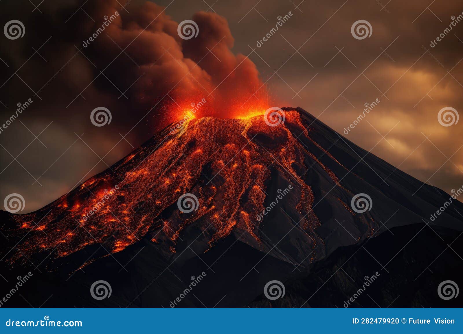 Active Volcano Erupting with Smoke and Lava at Night, Created Using ...