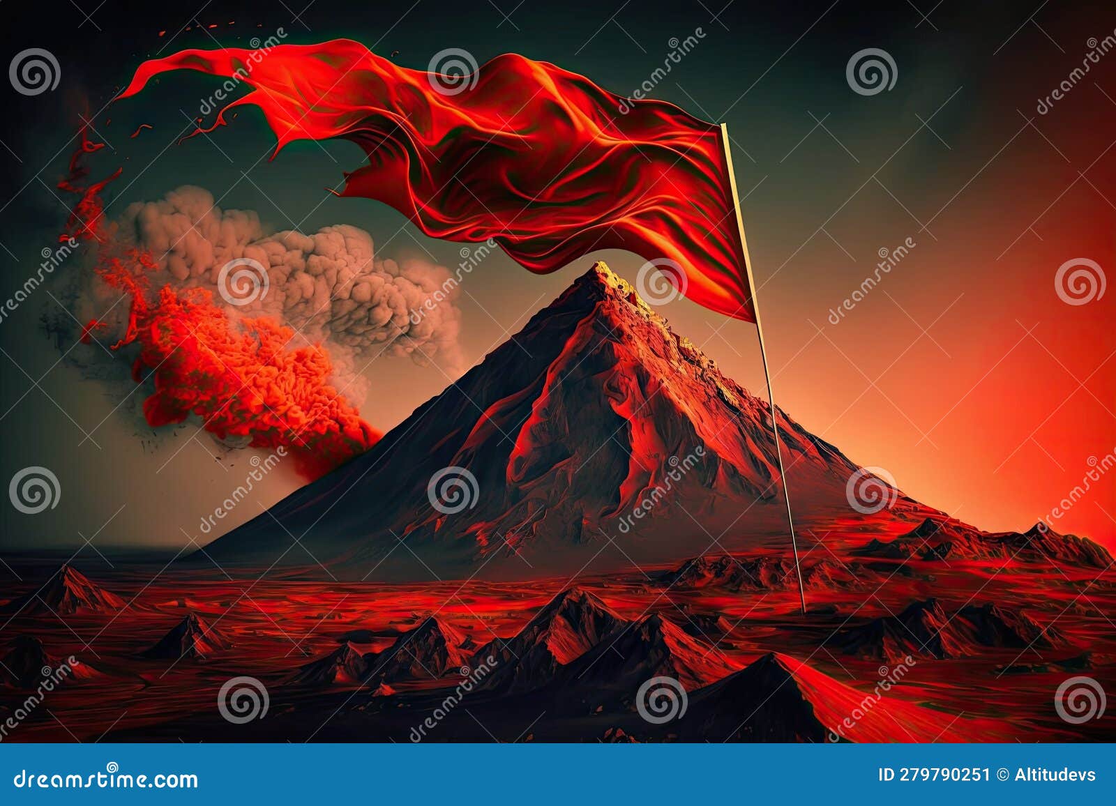 An Active Volcano with a Red Flag Waving in the Wind Stock Illustration ...