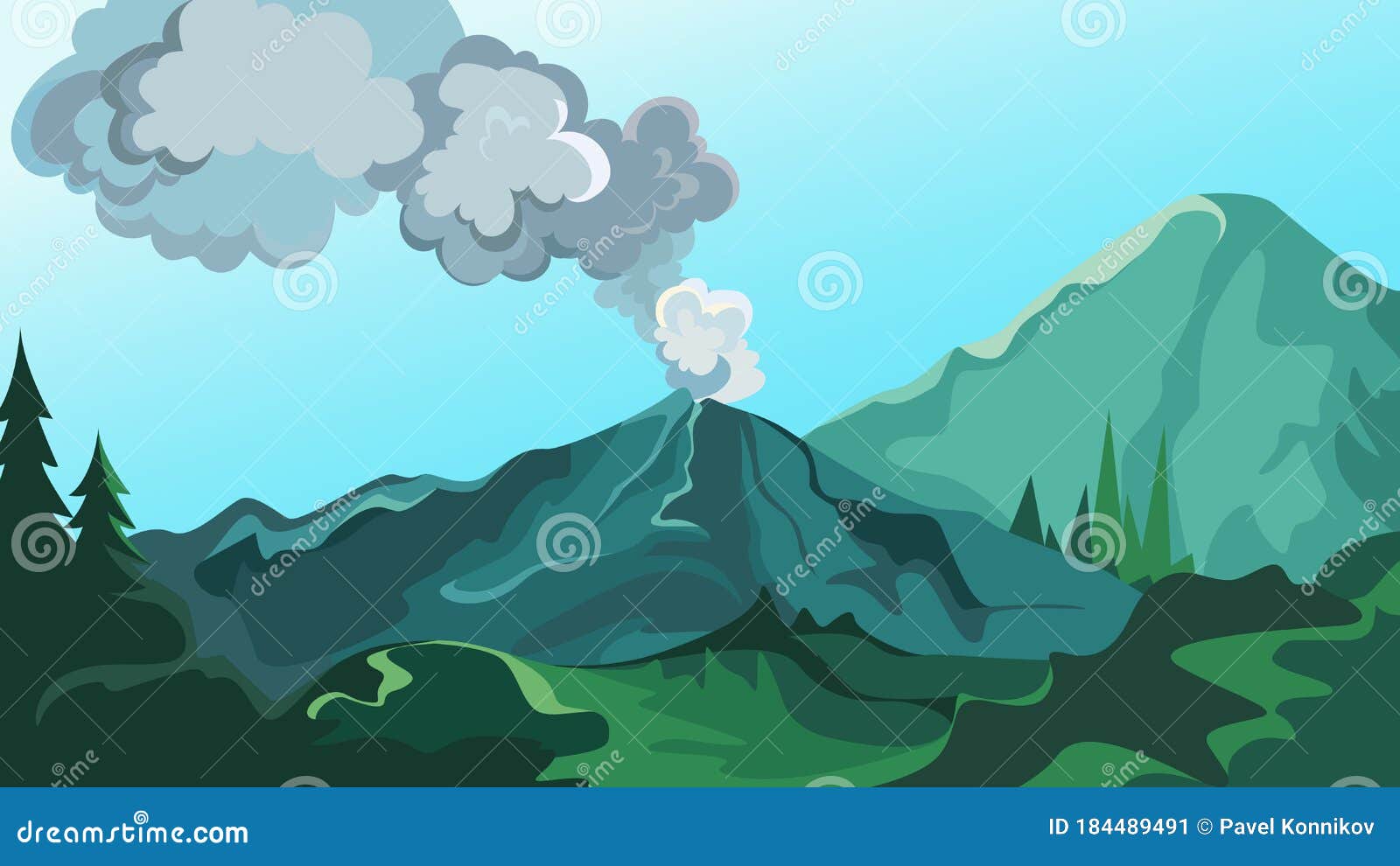 Active volcano in the wild stock illustration. Illustration of cartoon ...