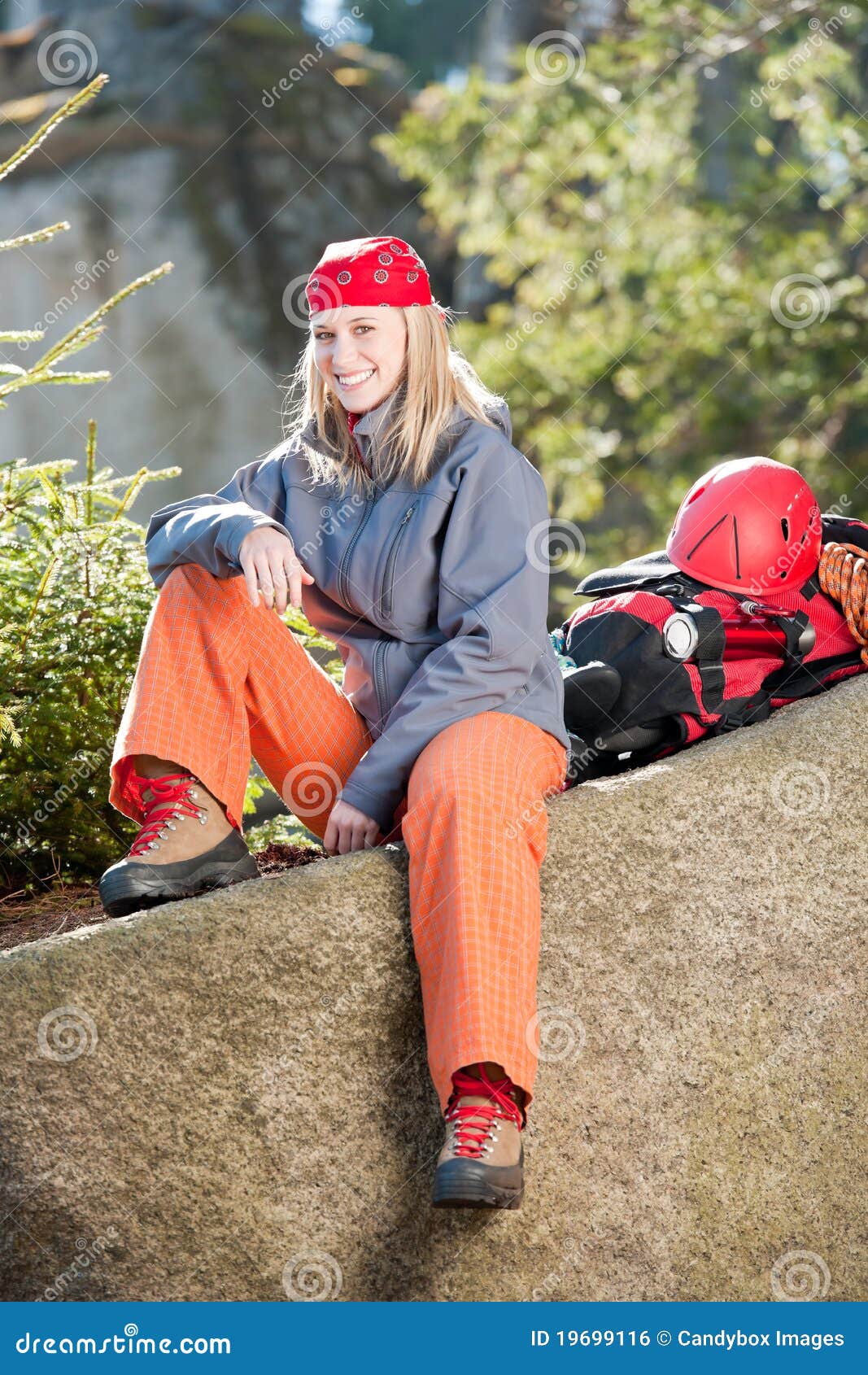 Active Woman Rock Climbing Sitting Backpack Stock Photo - Image of ...
