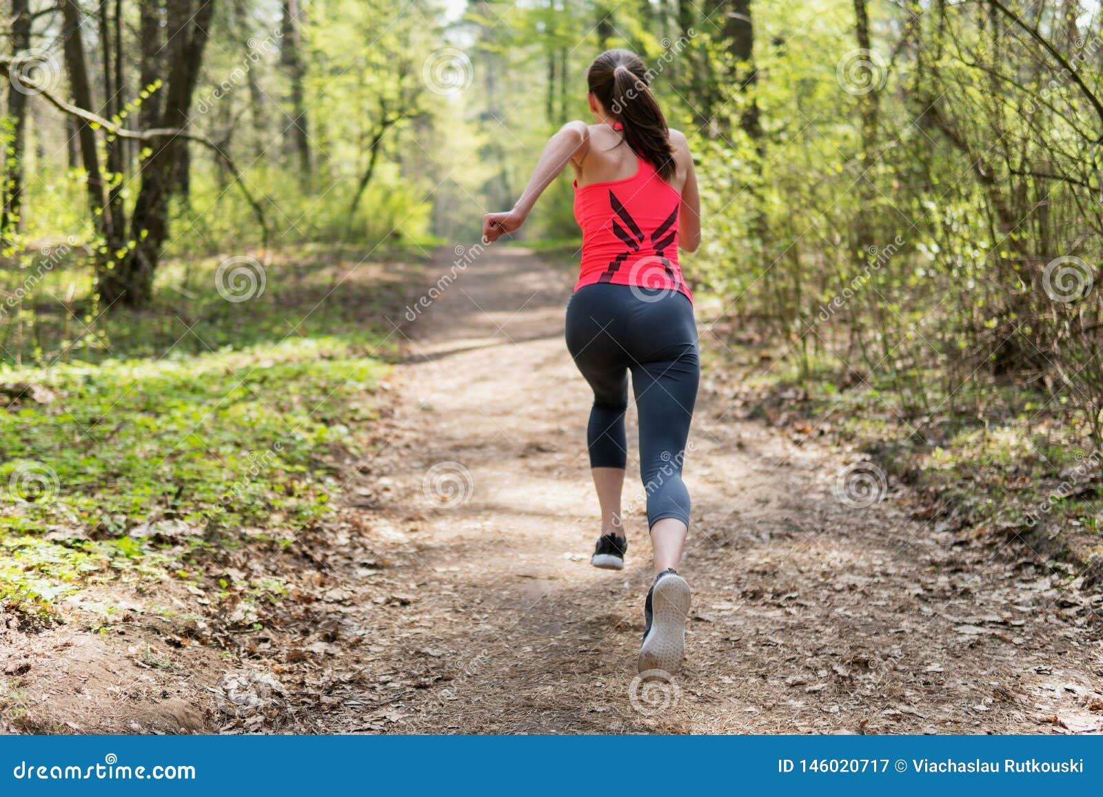 Active Woman Running in Spring Sunny Forest Stock Image - Image of ...