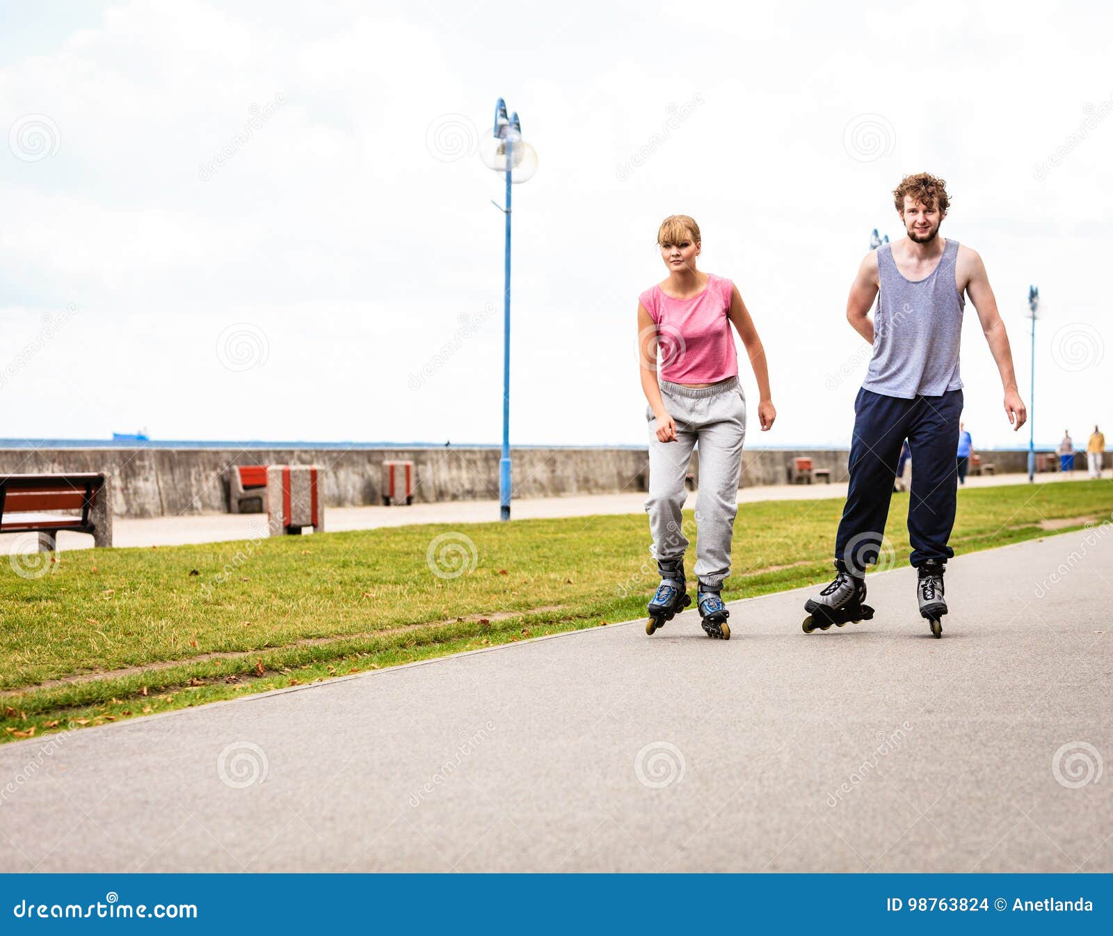 Active Young People Friends Rollerskating. Stock Photo - Image of ...