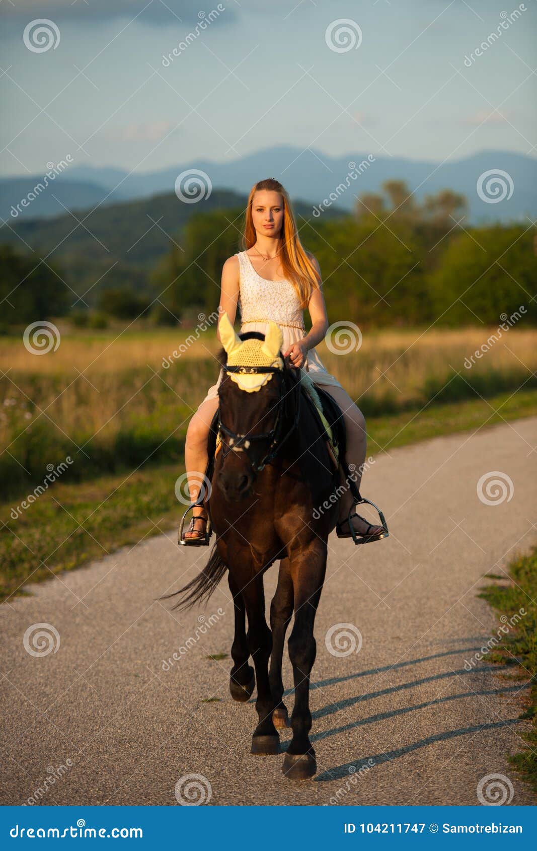 Active Young Woman Ride a Horse in Nature Stock Image - Image of field ...