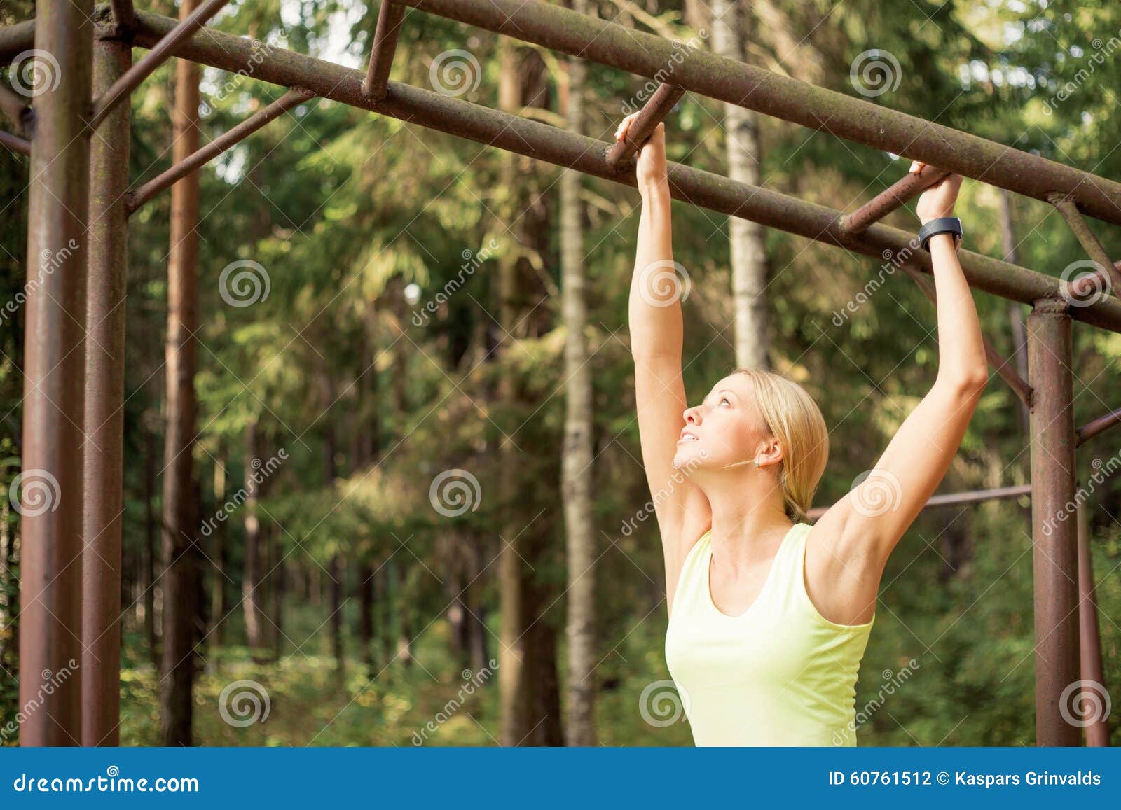 Active and Young Woman Using Ladder Stock Photo - Image of high, forest ...