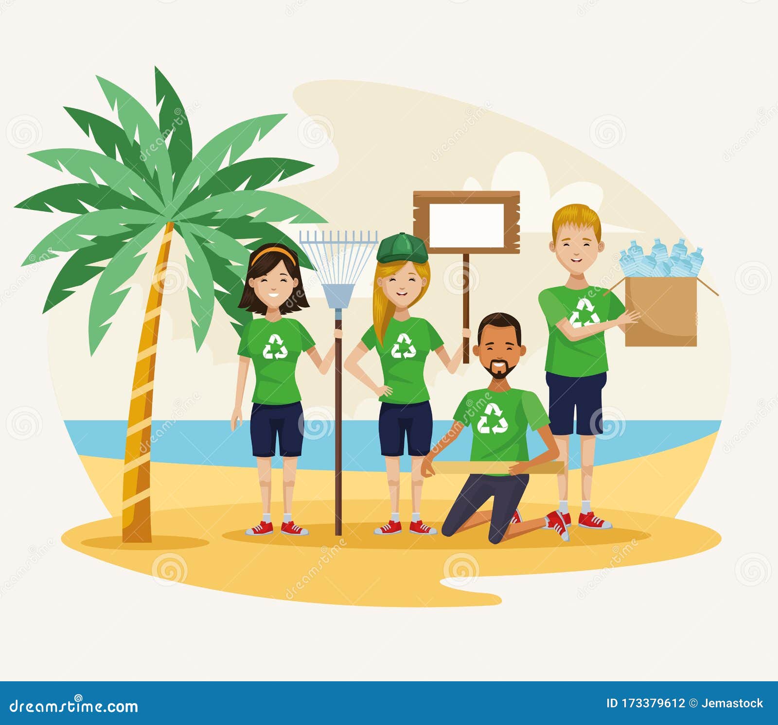 Activists People Cleaning Beach Scene Stock Vector - Illustration of ...
