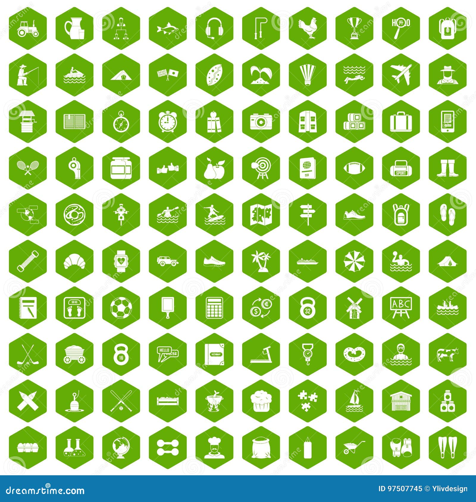 100 Activity Icons Hexagon Green Stock Vector - Illustration of ...