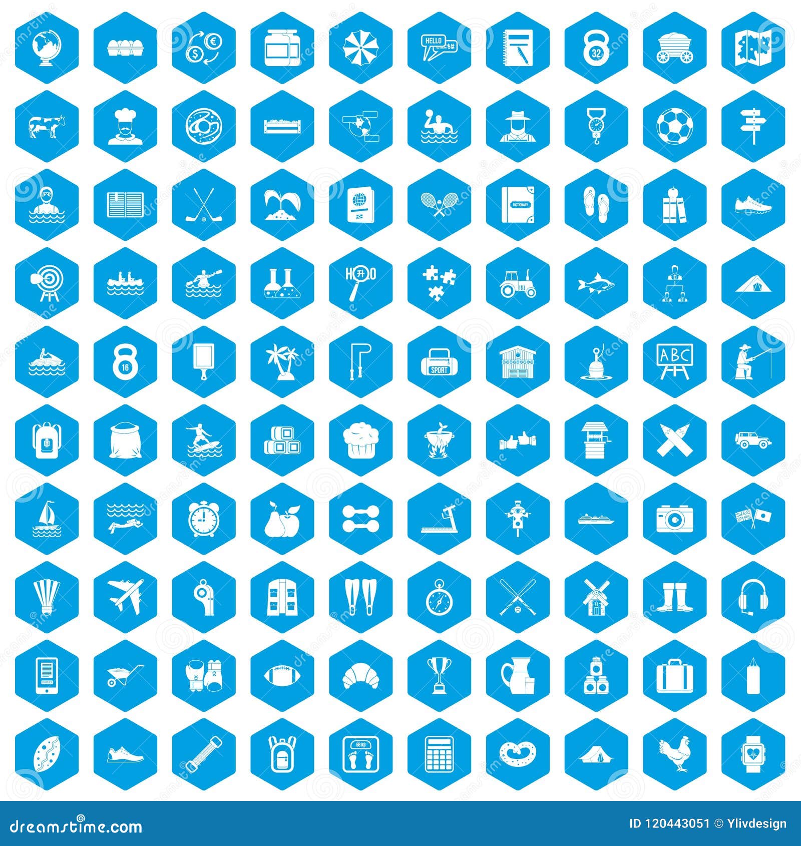 100 Activity Icons Set Blue Stock Vector - Illustration of dumbbells ...