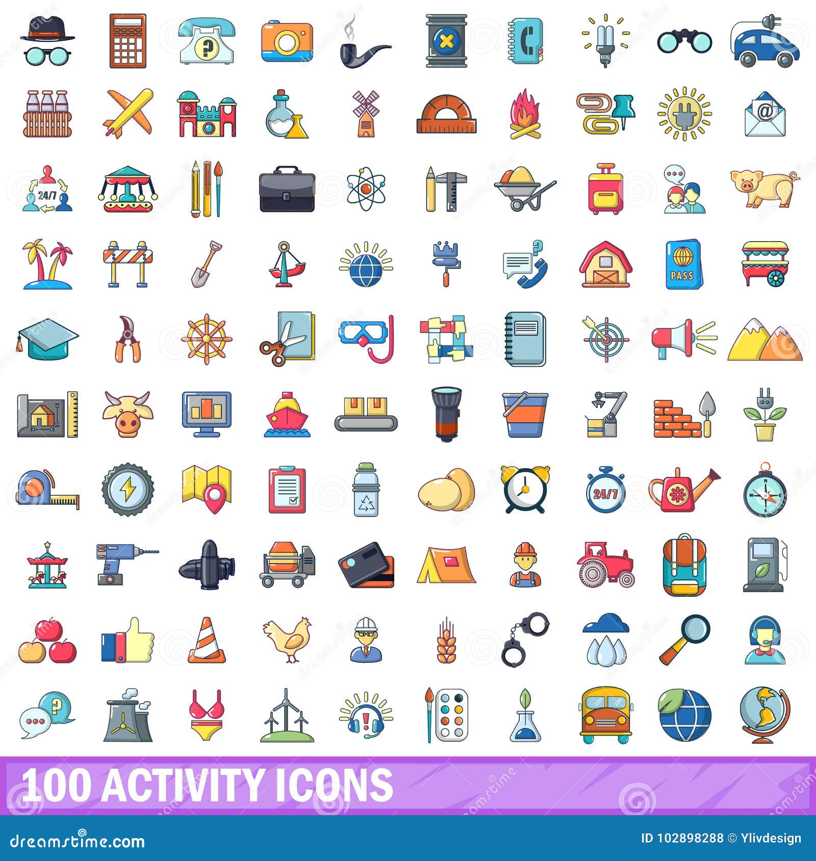 100 Activity Icons Set, Cartoon Style Stock Vector - Illustration of ...