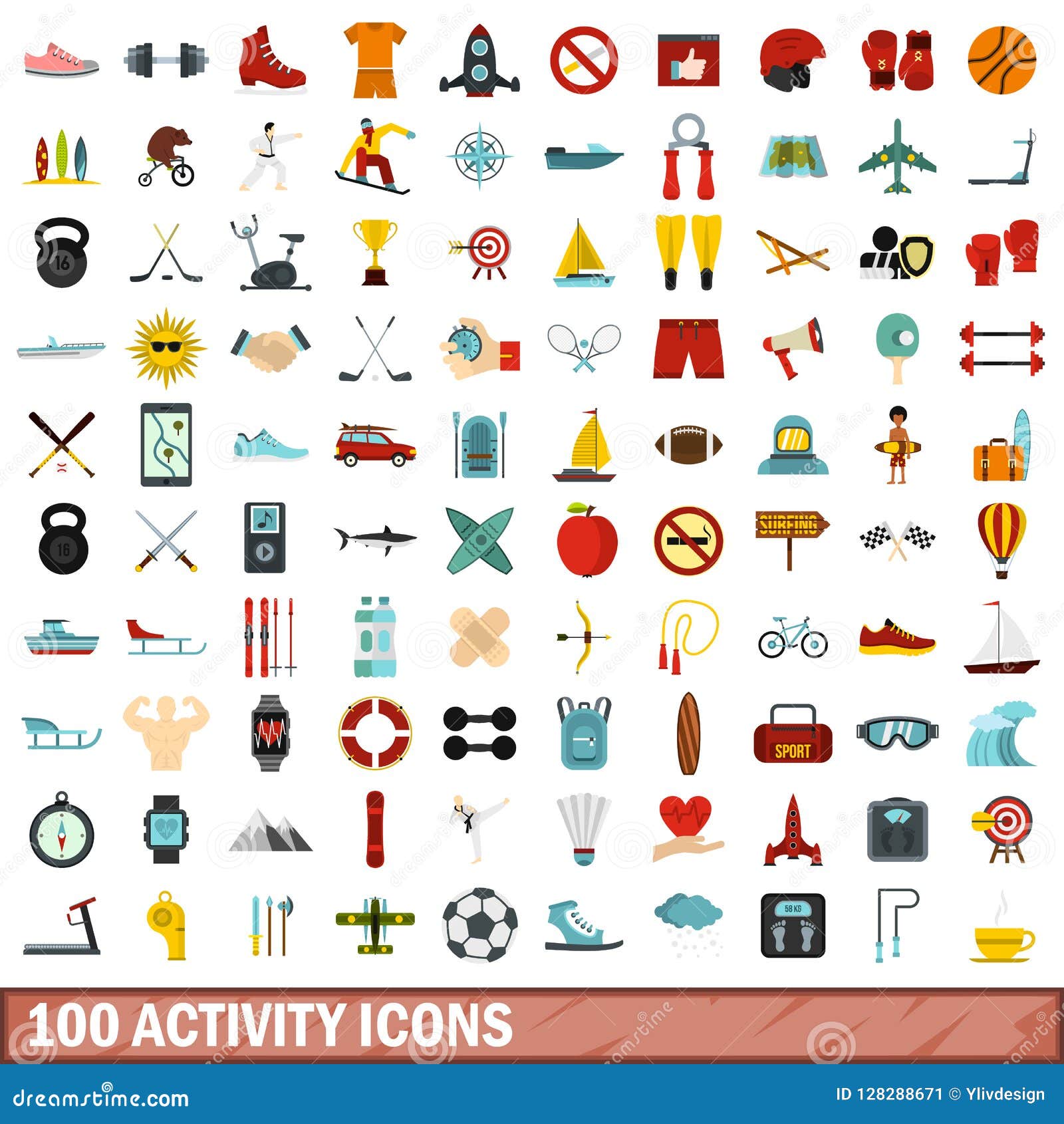 100 Activity Icons Set, Flat Style Stock Illustration - Illustration of ...