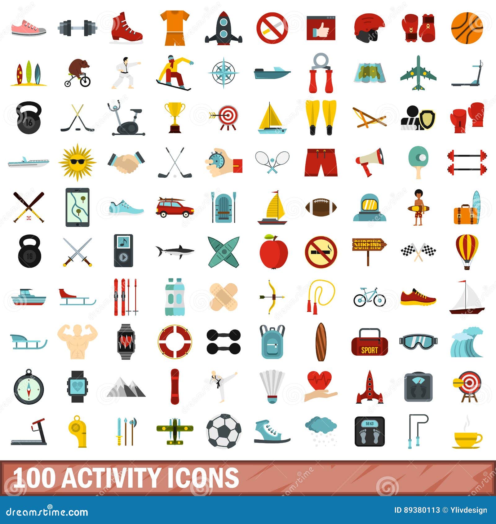 100 Activity Icons Set, Flat Style Stock Vector - Illustration of ...