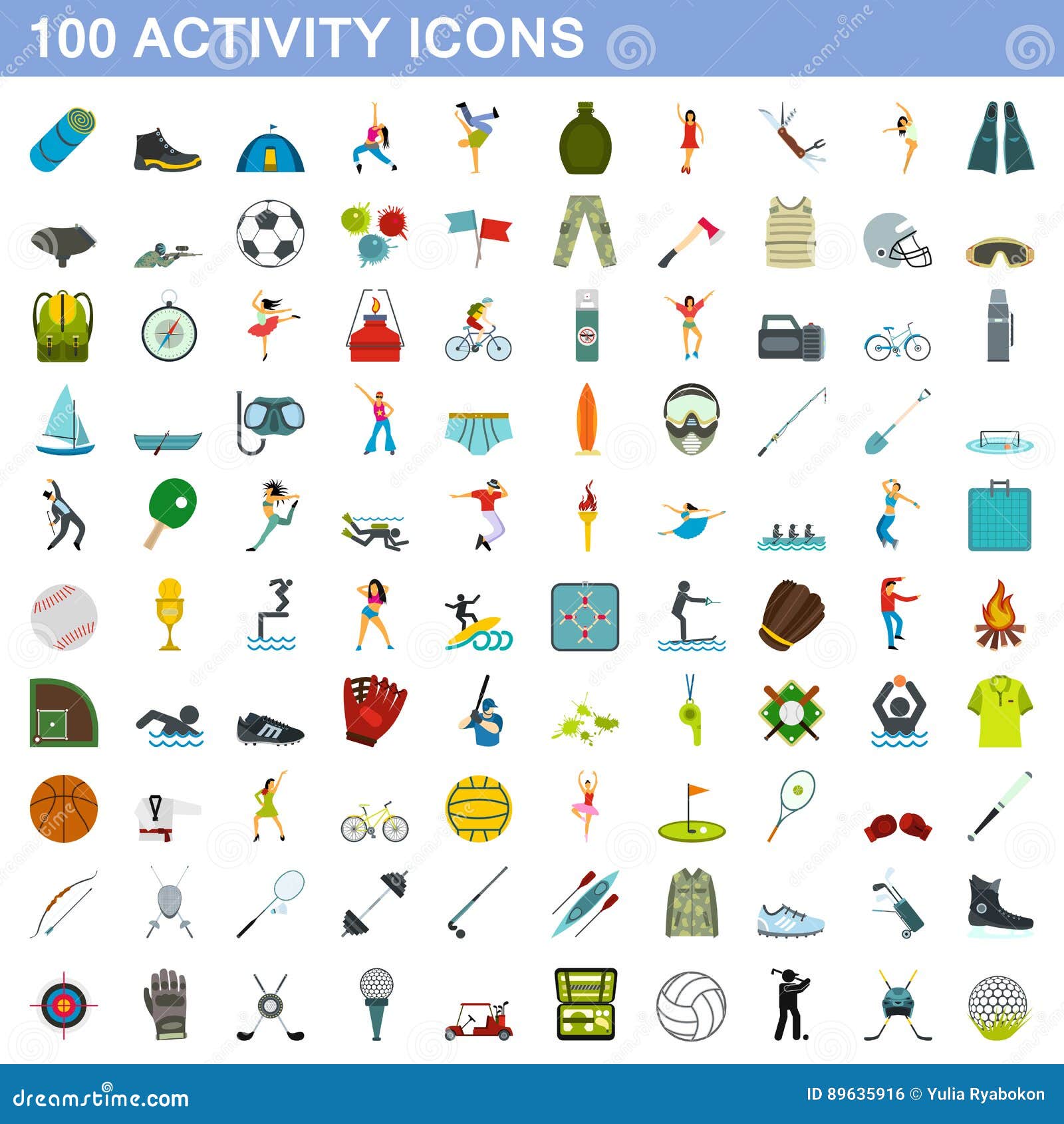 100 Activity Icons Set, Flat Style Stock Vector - Illustration of icons ...