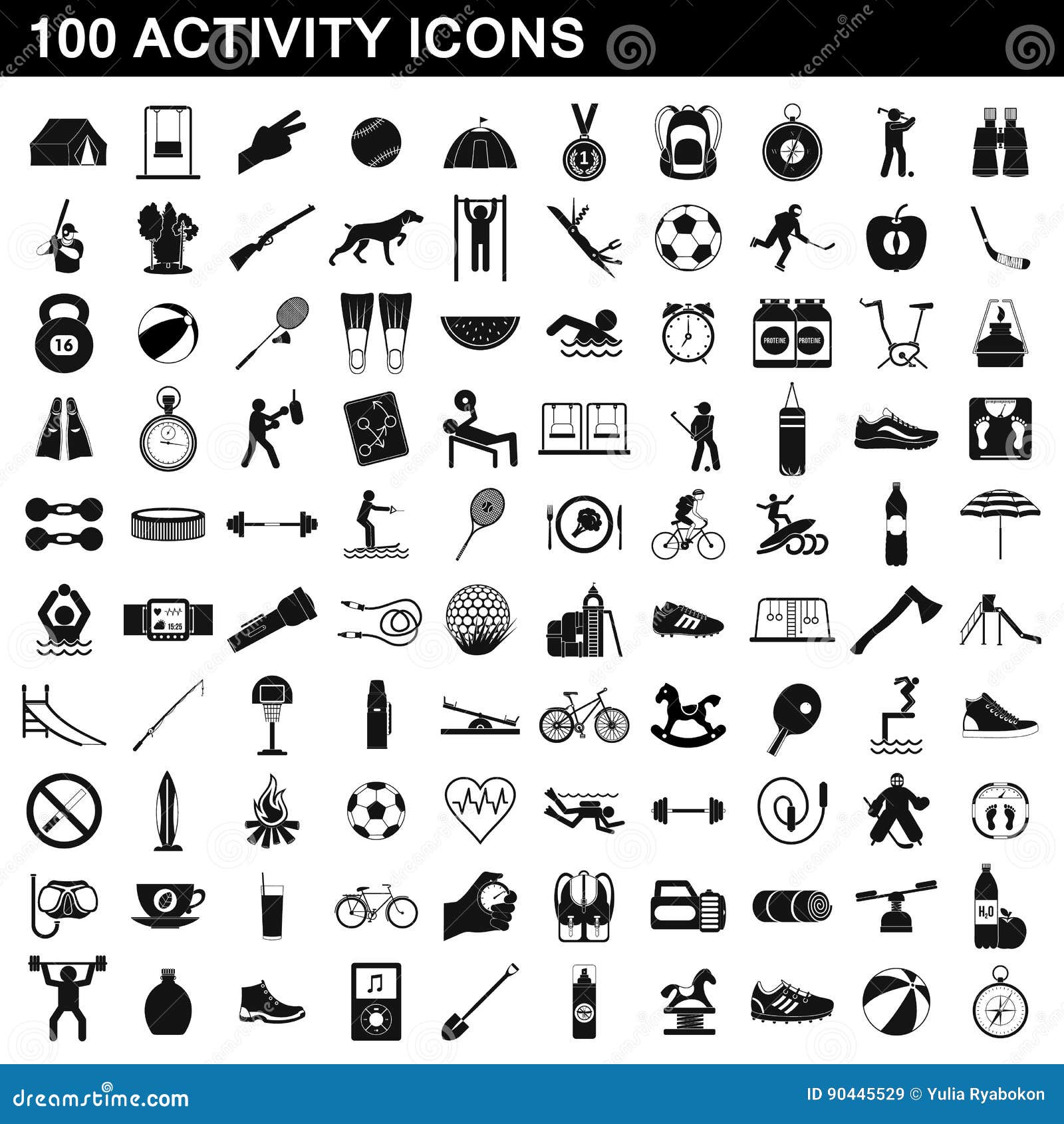 100 Activity Icons Set, Simple Style Stock Vector - Illustration of ...