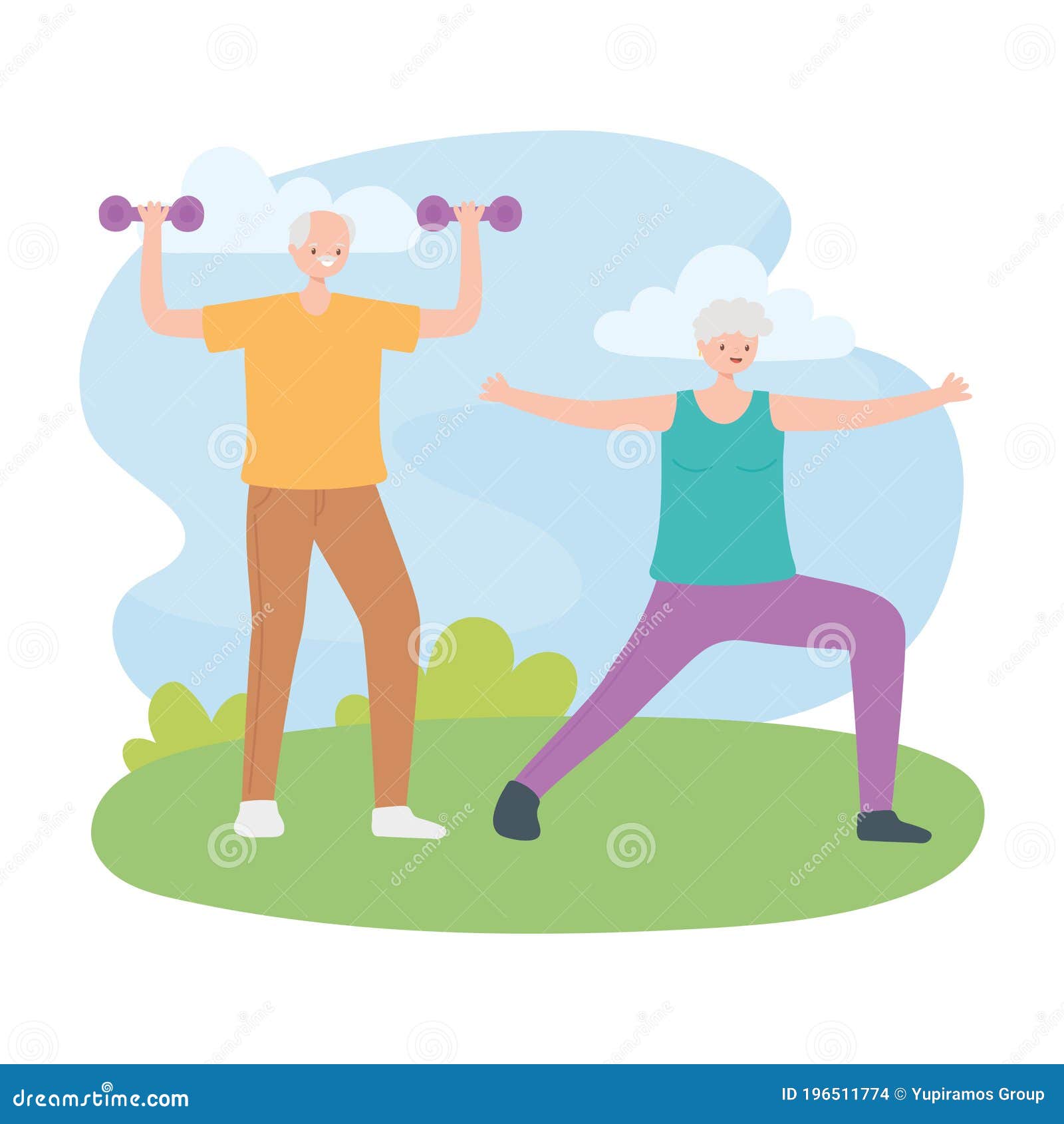 Activity Seniors, Old Man with Dumbbells and Elderly Woman Practicing ...