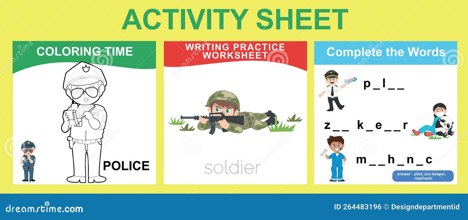 3 in 1 Activity Kit for Children with Kids Profession Dreams. Stock ...