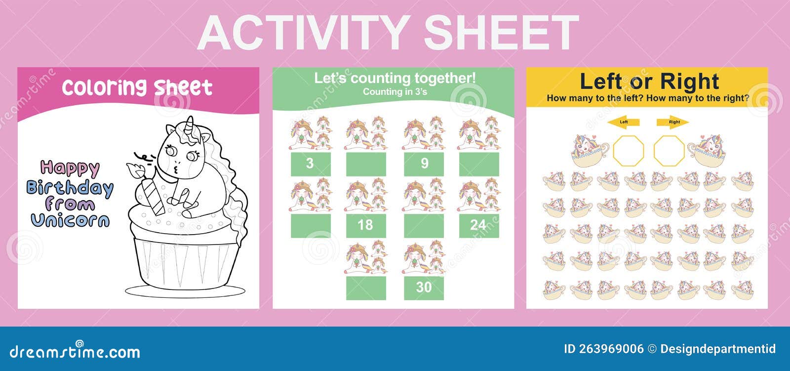 3 in 1 Activity Sheet for Children. Coloring, Counting Together, Left ...