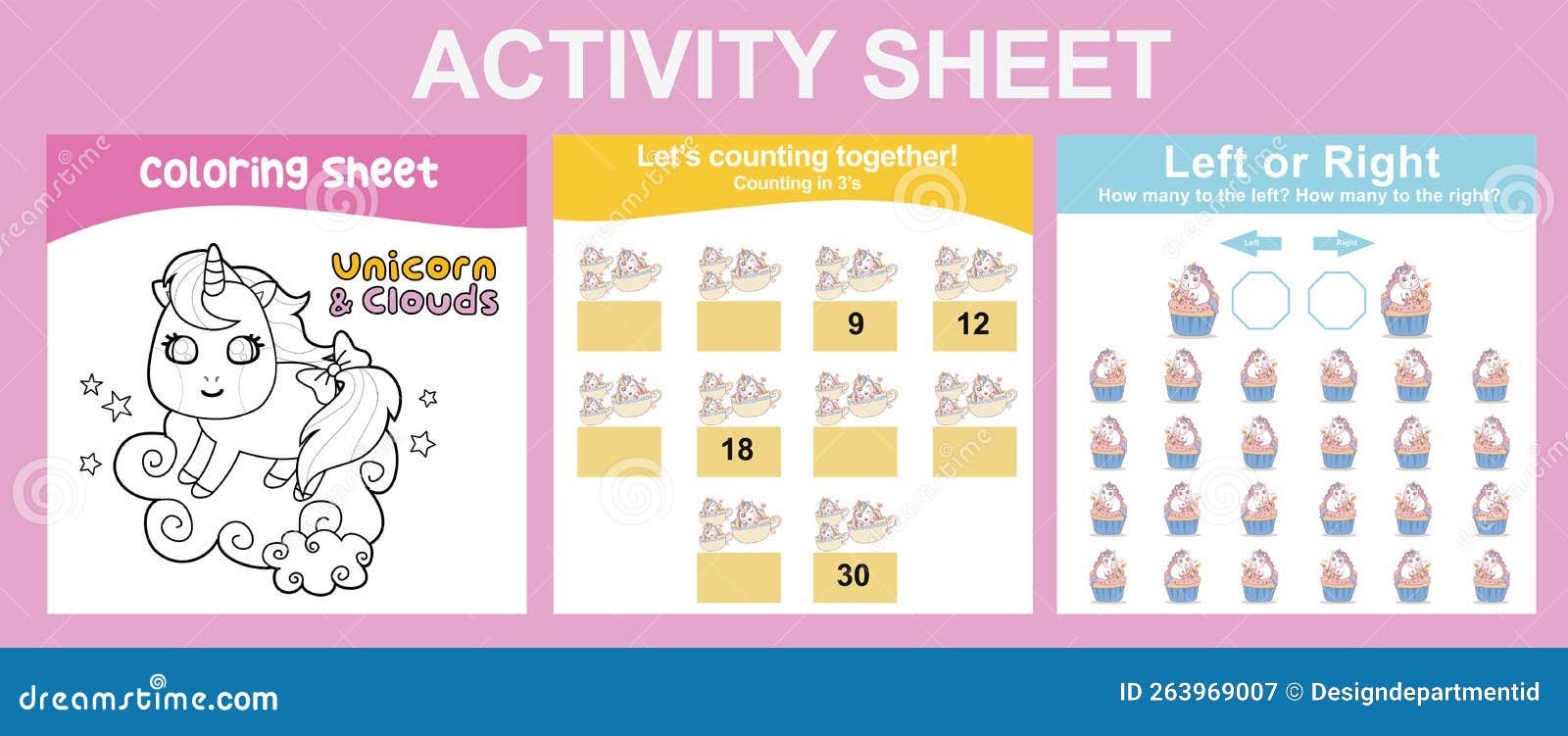 3 in 1 Activity Sheet for Children. Coloring, Counting Together, Left ...