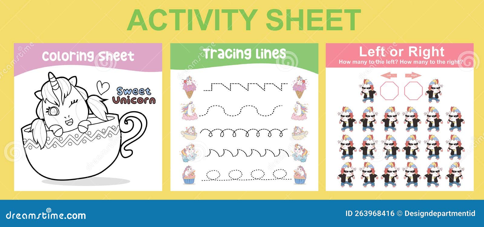3 in 1 Activity Sheet for Children. Coloring, Tracing Lines, Left or ...