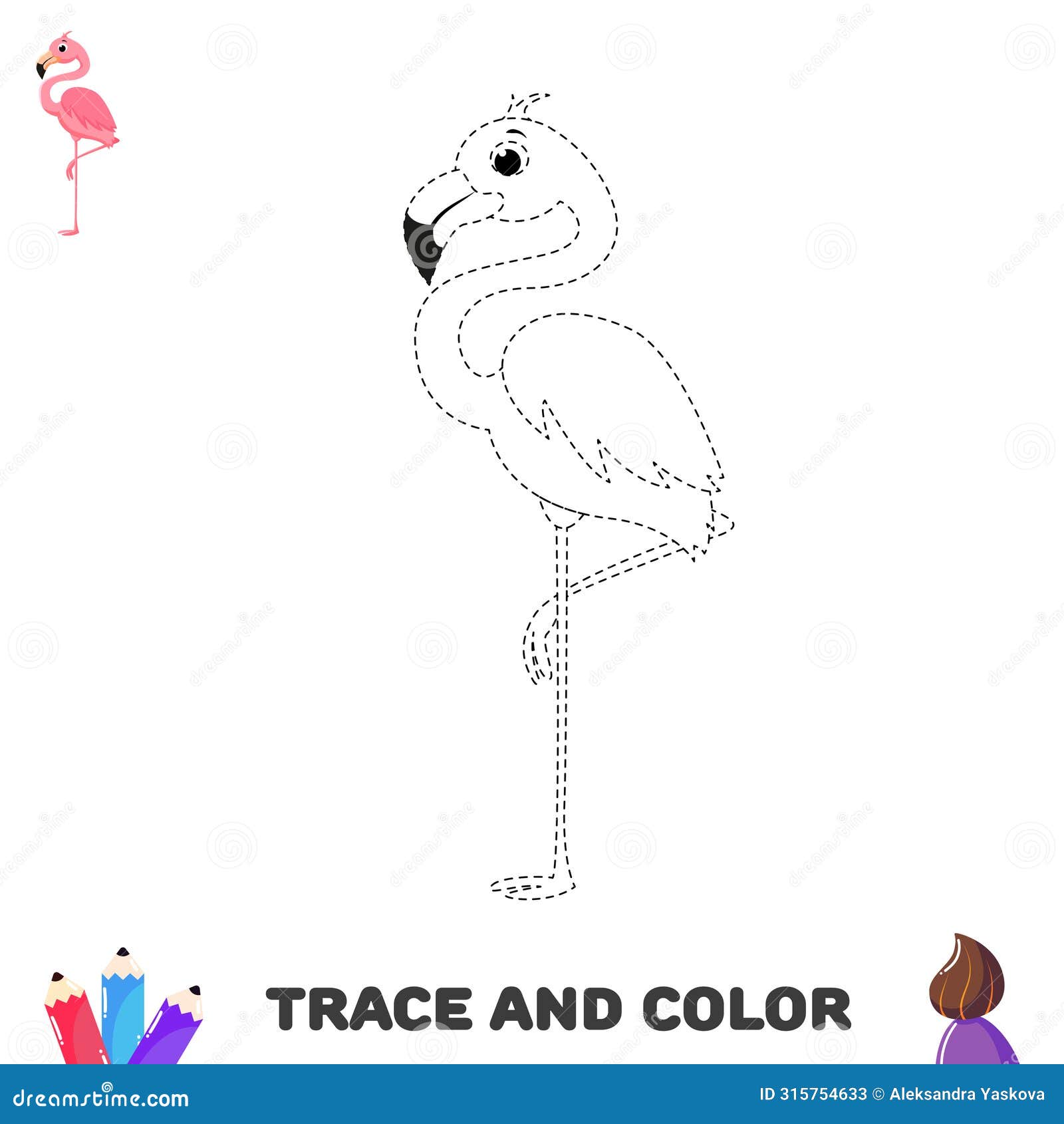 Activity Worksheet for Kids. Trace and Color Flamingo Stock Vector ...