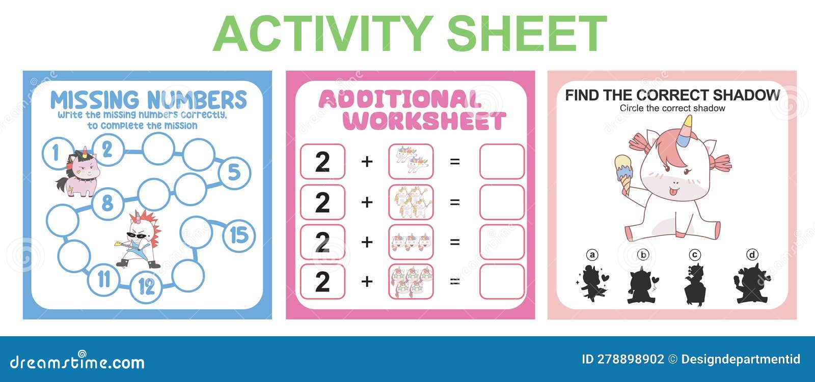 3 in 1 Fun Activity Worksheet for Kids with Cute and Kawaii Unicorn ...
