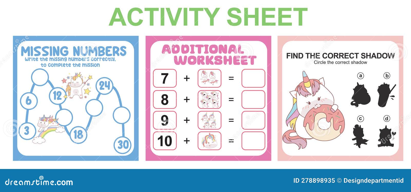 3 in 1 Fun Activity Worksheet for Kids with Cute and Kawaii Unicorn ...