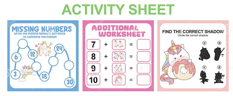 3 in 1 Fun Activity Worksheet for Kids with Cute and Kawaii Unicorn ...