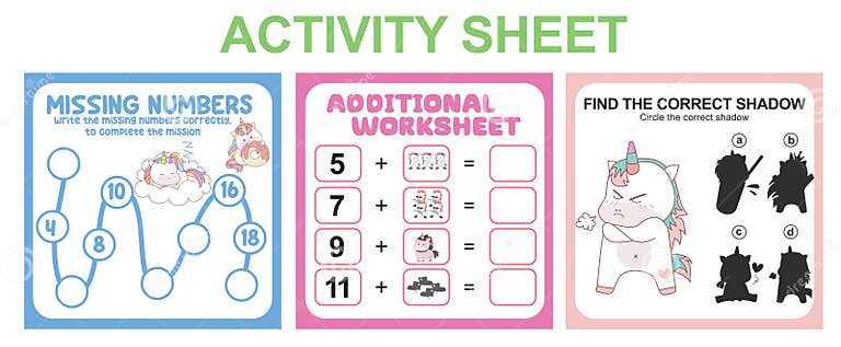 3 in 1 Fun Activity Worksheet for Kids with Cute and Kawaii Unicorn ...