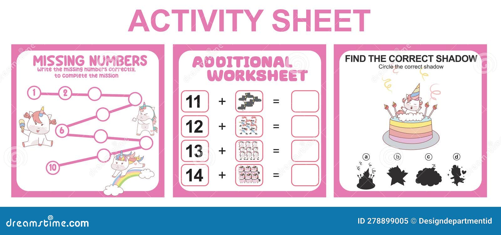 3 in 1 Fun Activity Worksheet for Kids with Cute and Kawaii Unicorn ...