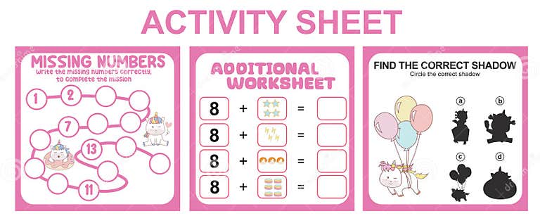 3 in 1 Fun Activity Worksheet for Kids with Cute and Kawaii Unicorn ...