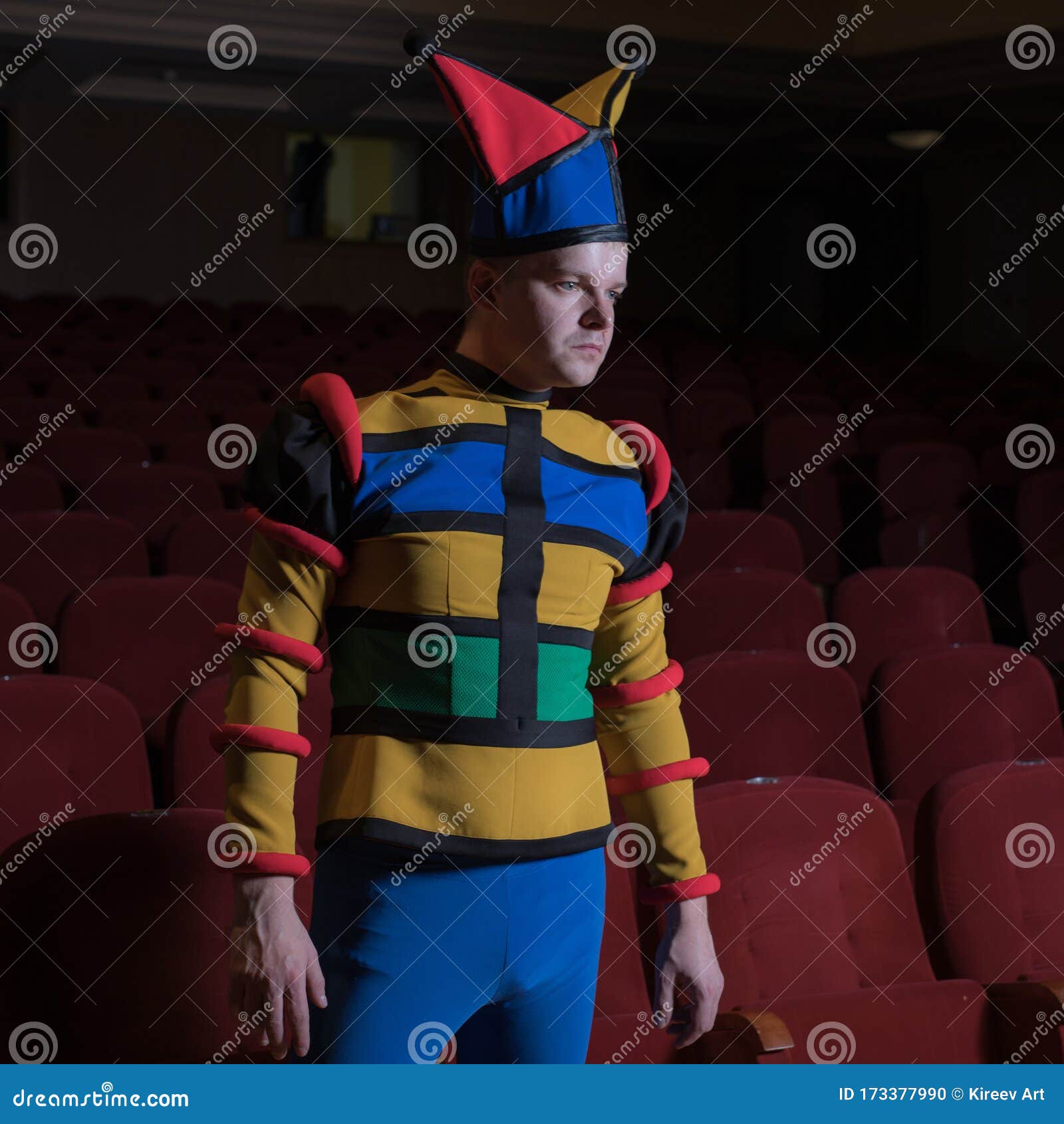 Actor Dressed Jester`s Costume in Interior of Old Theater. Stock Photo ...