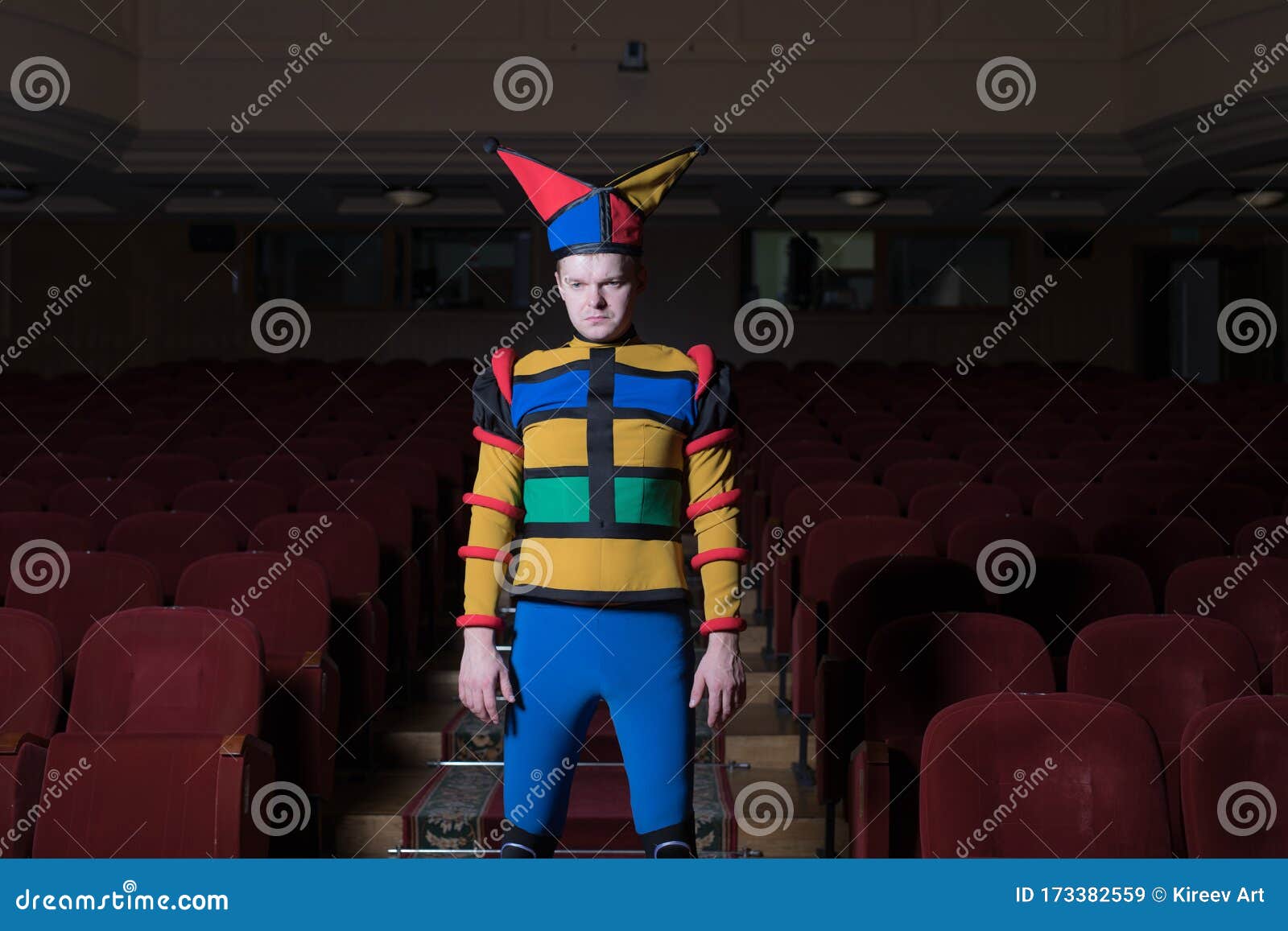 Actor Dressed Jester`s Costume in Interior of Old Theater. Stock Image ...