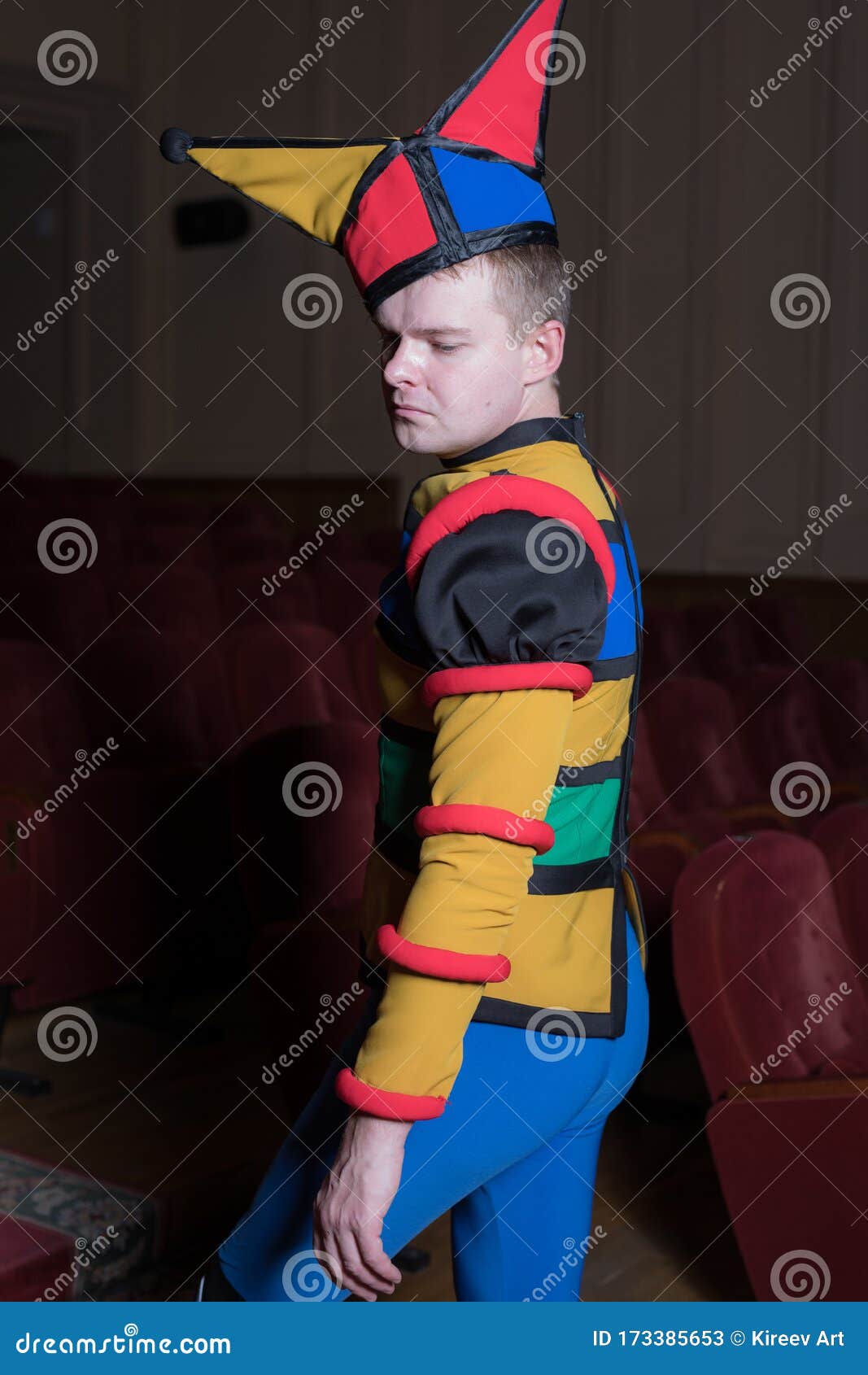 Actor Dressed Jester`s Costume in Interior of Old Theater. Stock Image ...