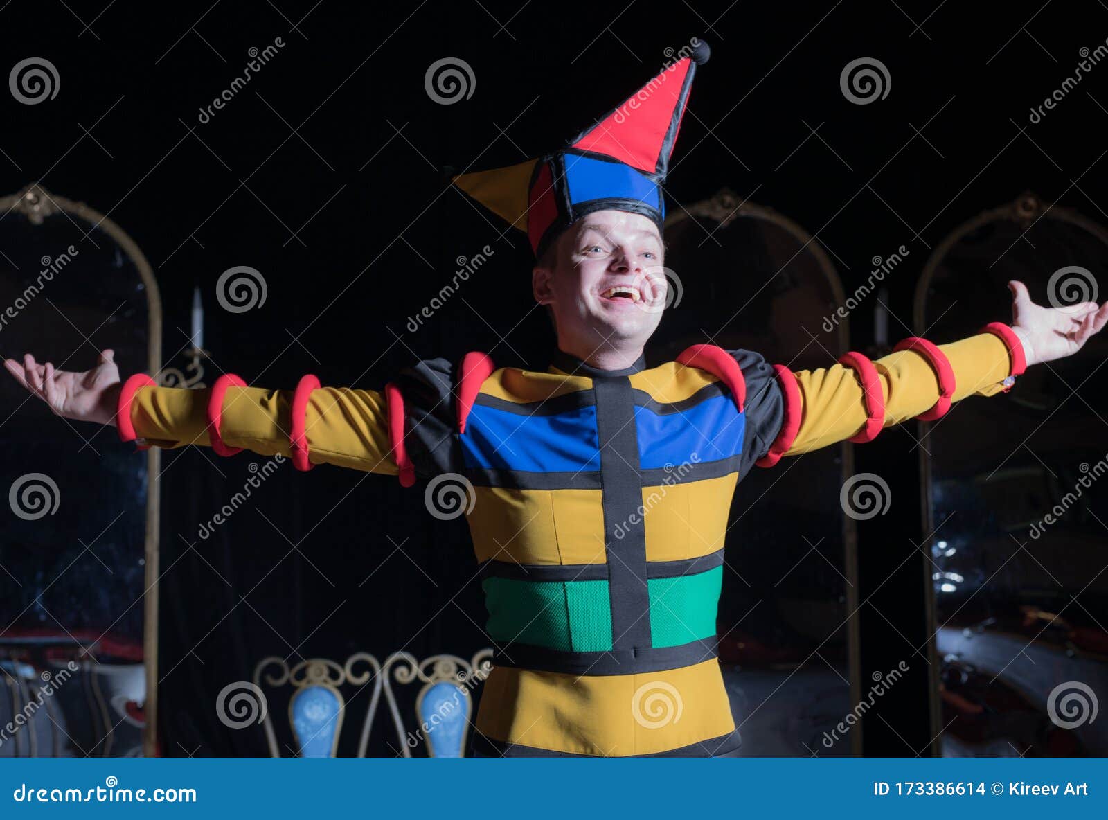 Actor Dressed Jester`s Costume in Interior of Old Theater. Stock Photo ...