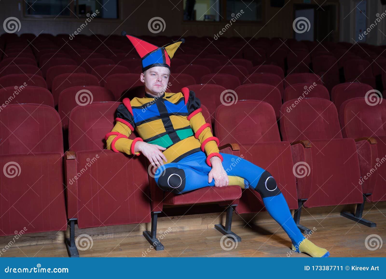 Actor Dressed Jester`s Costume in Interior of Old Theater. Stock Image ...