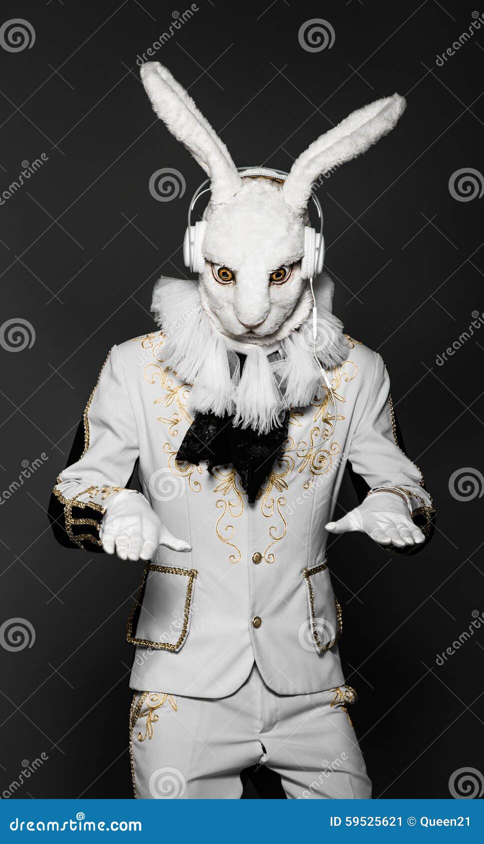 Actor Posing In White Rabbit Suit With Earphones Royalty-Free Stock ...