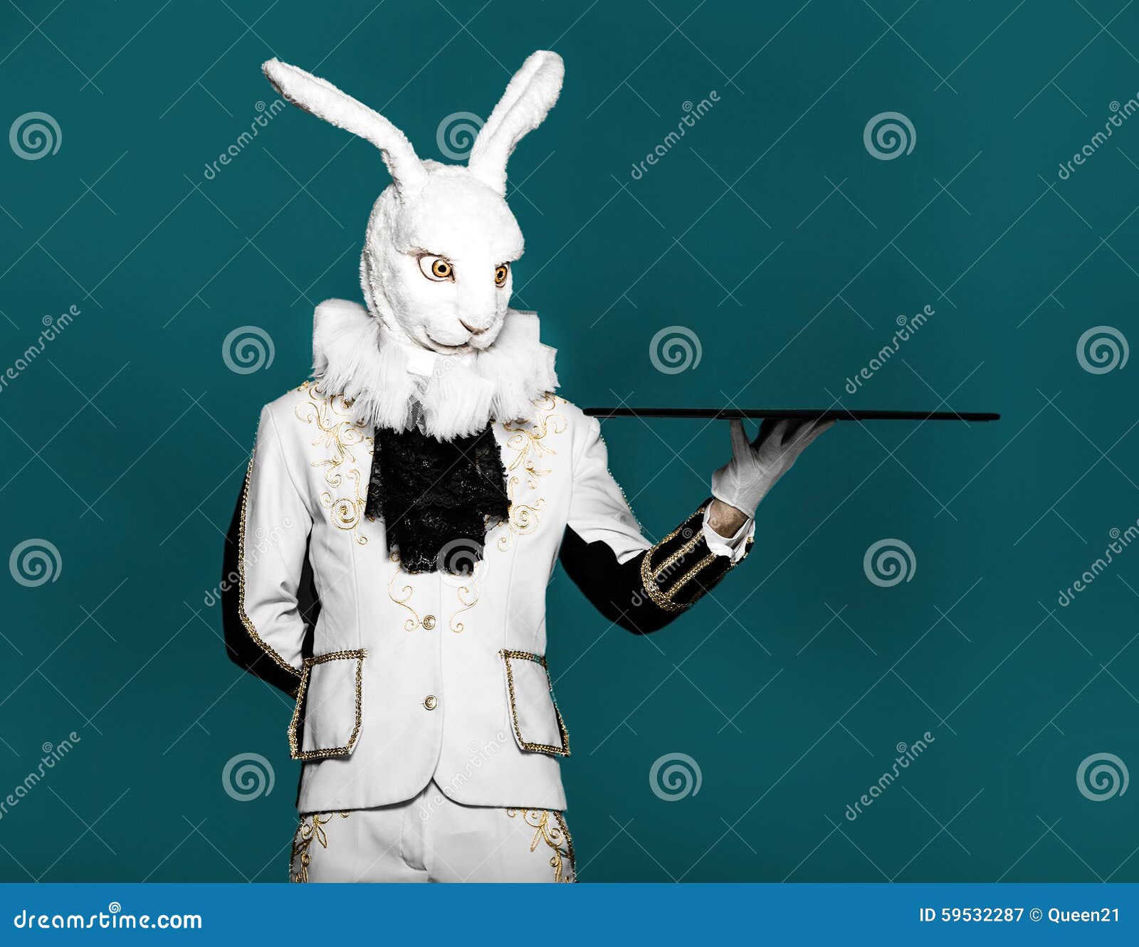 Actor Posing in White Rabbit Suit with Tray on Stock Image - Image of ...