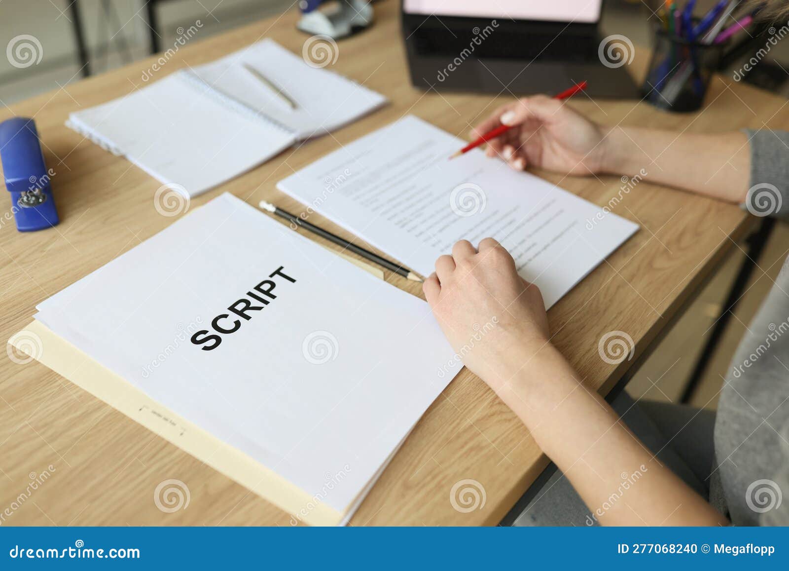 Actress Checks Script Papers Making Notes with Pencil Stock Photo ...