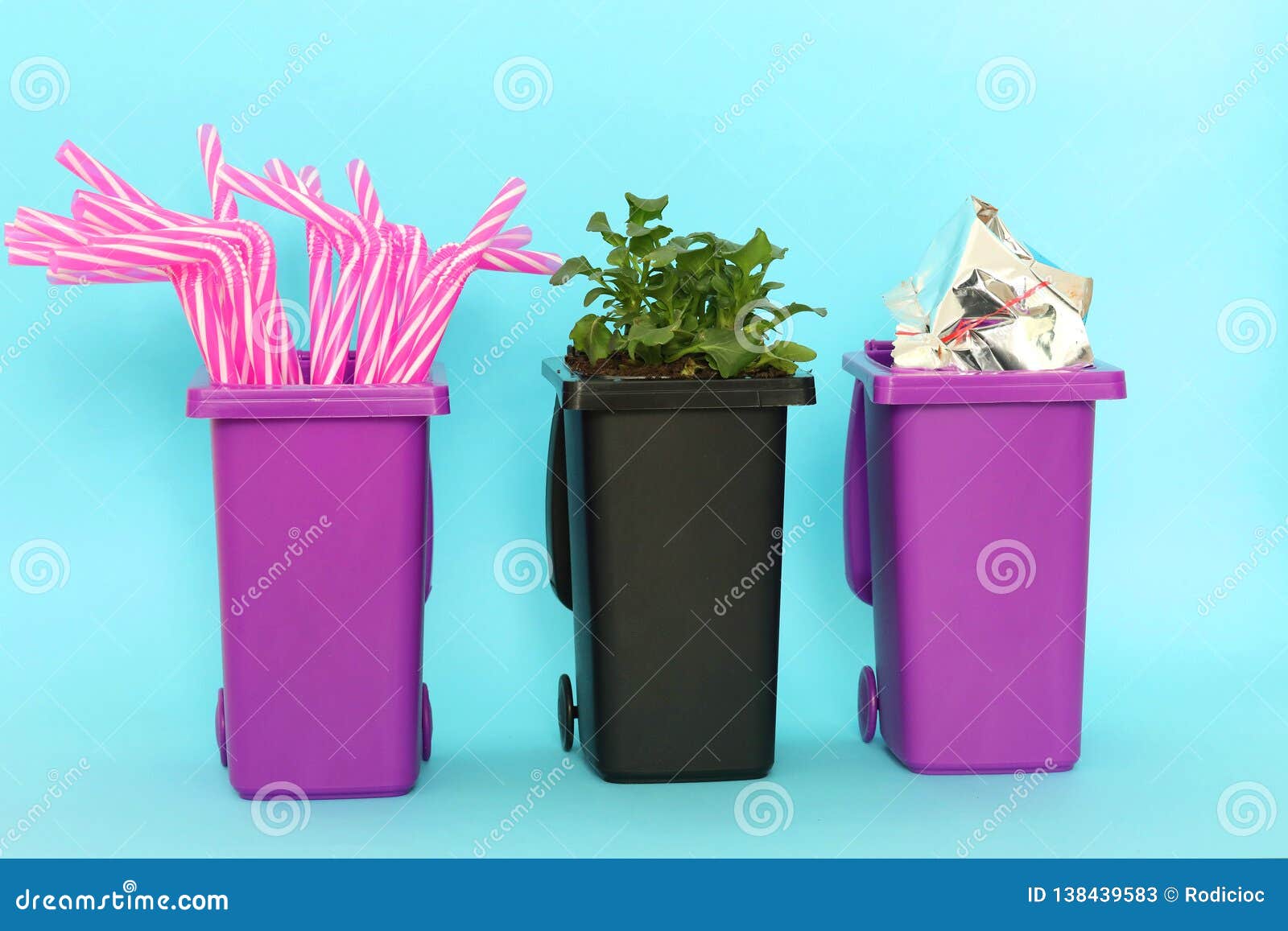 Garbage Pot Full of Plastic Straws, with Garbage and with a Fresh Plant ...