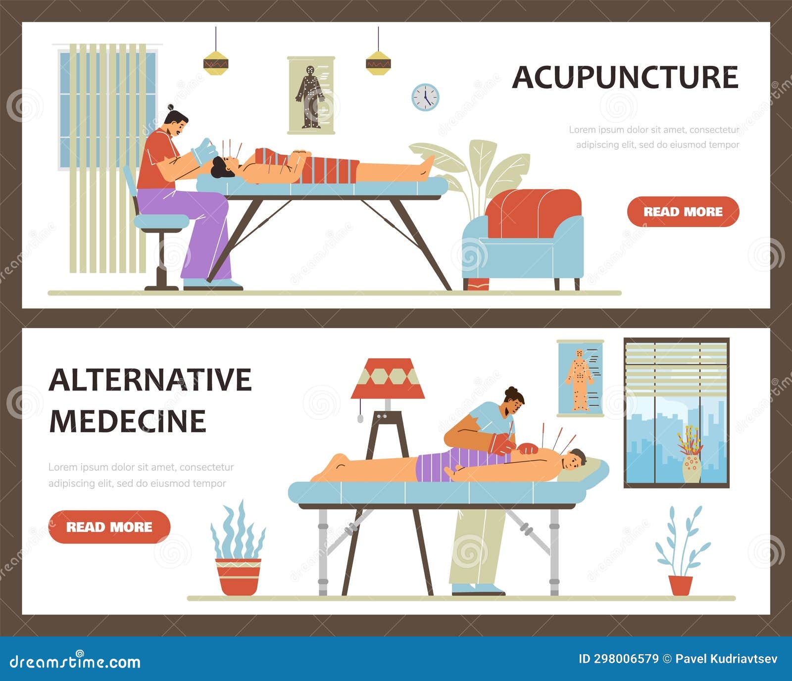 Acupuncture Therapy Using Needles Banners or Flyers, Flat Vector ...