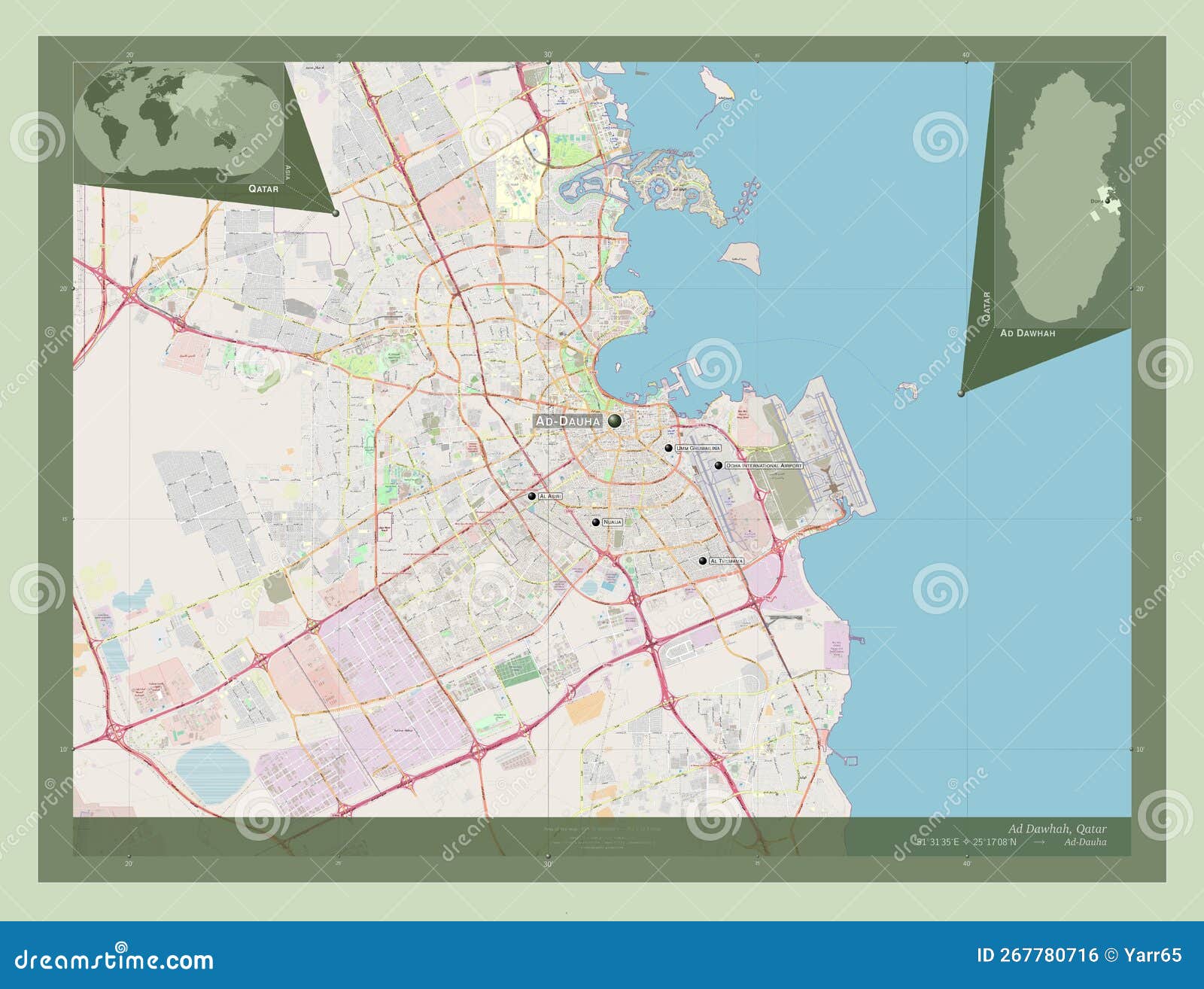 Ad Dawhah, Qatar. OSM. Labelled Points of Cities Stock Illustration ...