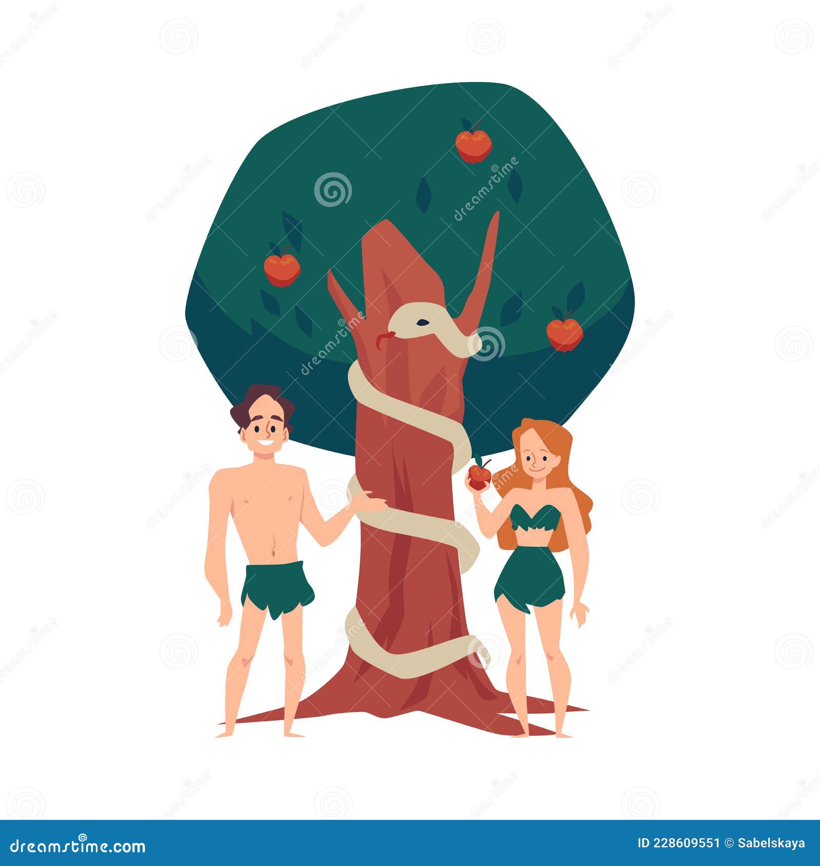Adam And Eve Eating Forbidden Fruit In Eden Flat Vector Illustration