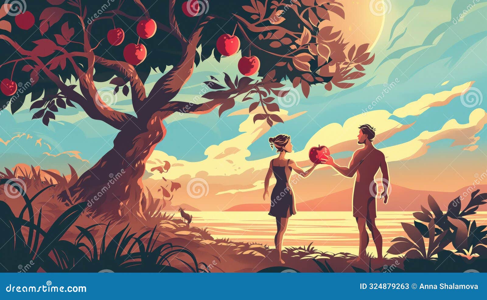 Adam and Eve Under an Apple Tree Exchanging the Forbidden Fruit. Stock Image - Image of apple ...