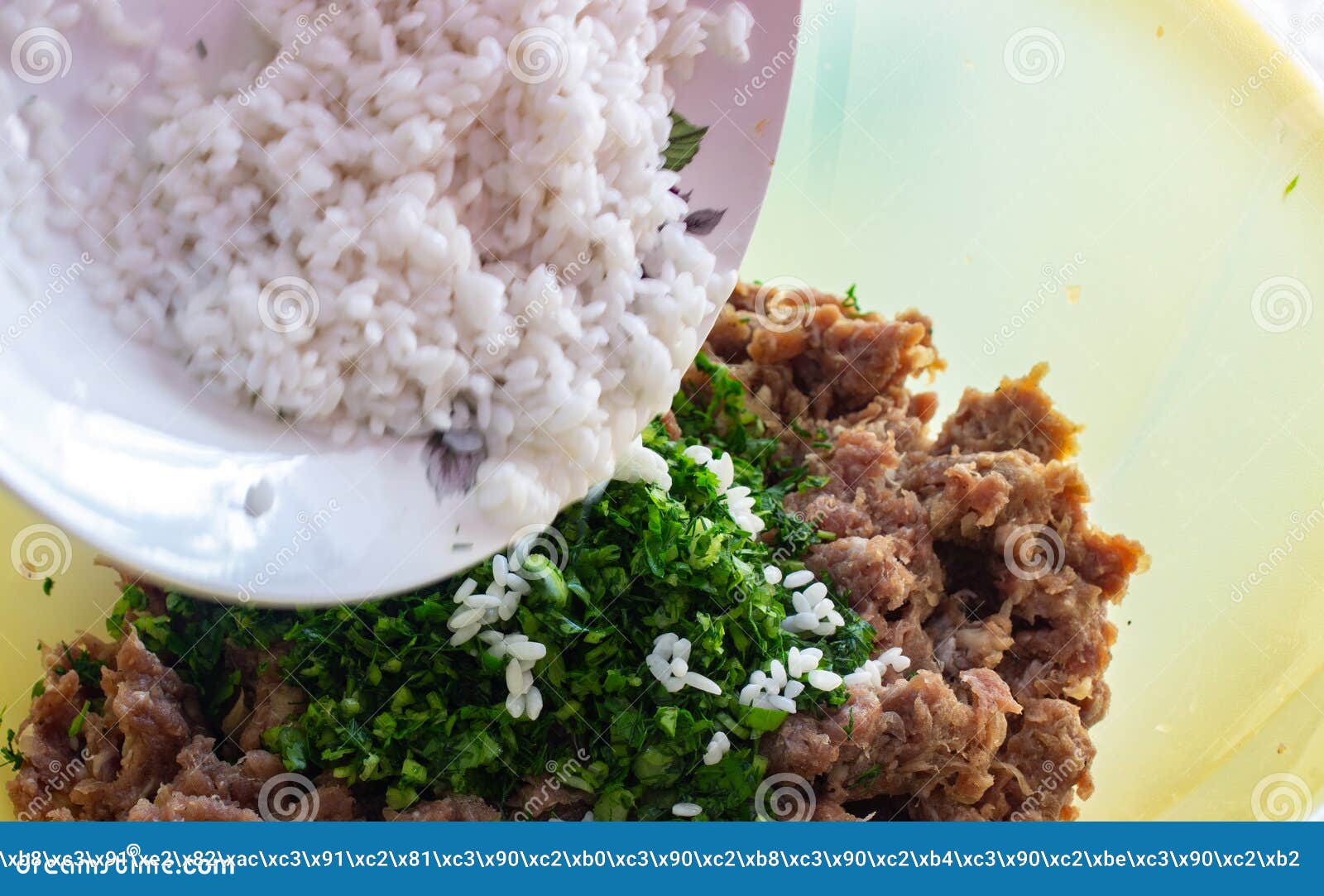 Add Rice To the Minced Meat. Rice on a White Plate. Rice on a White ...